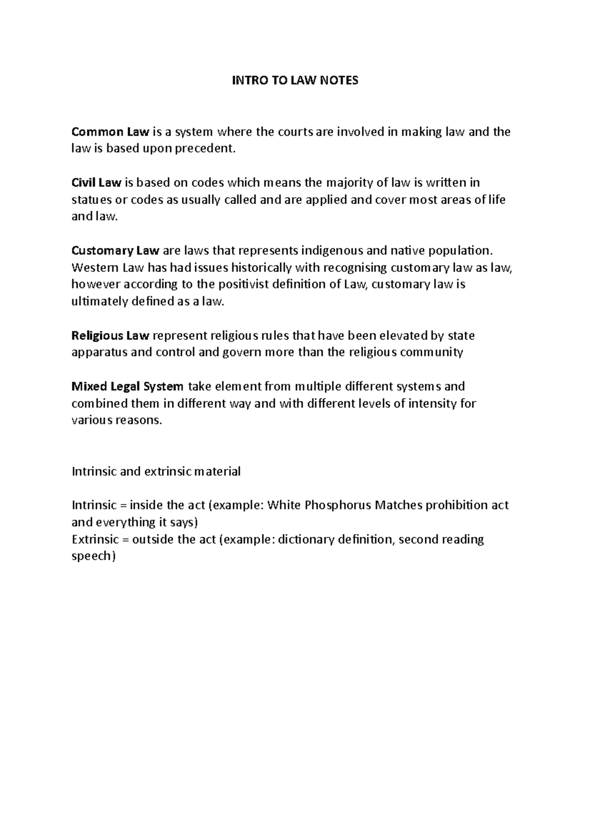 Intro TO LAW Notes - INTRO TO LAW NOTES Common Law is a system where ...