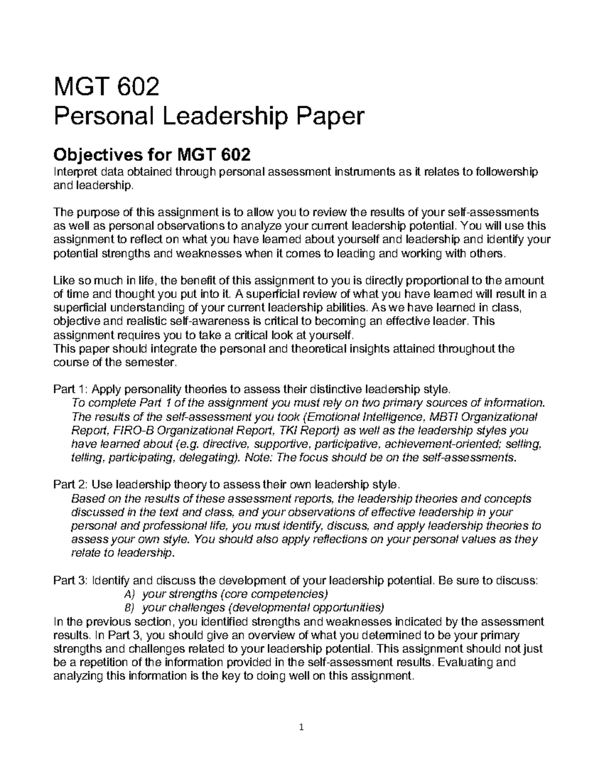 Personal Leadership Paper Assignment with rubric - 1 MGT 602 Personal ...