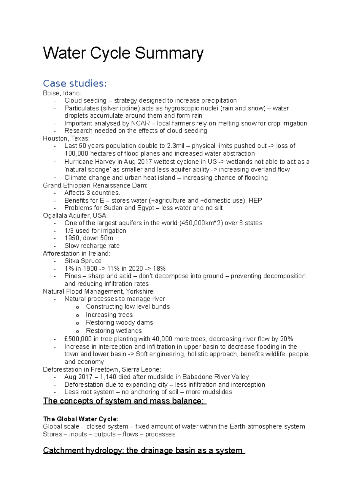 Water Cycle Summary Notes - Water Cycle Summary Case studies: Boise ...
