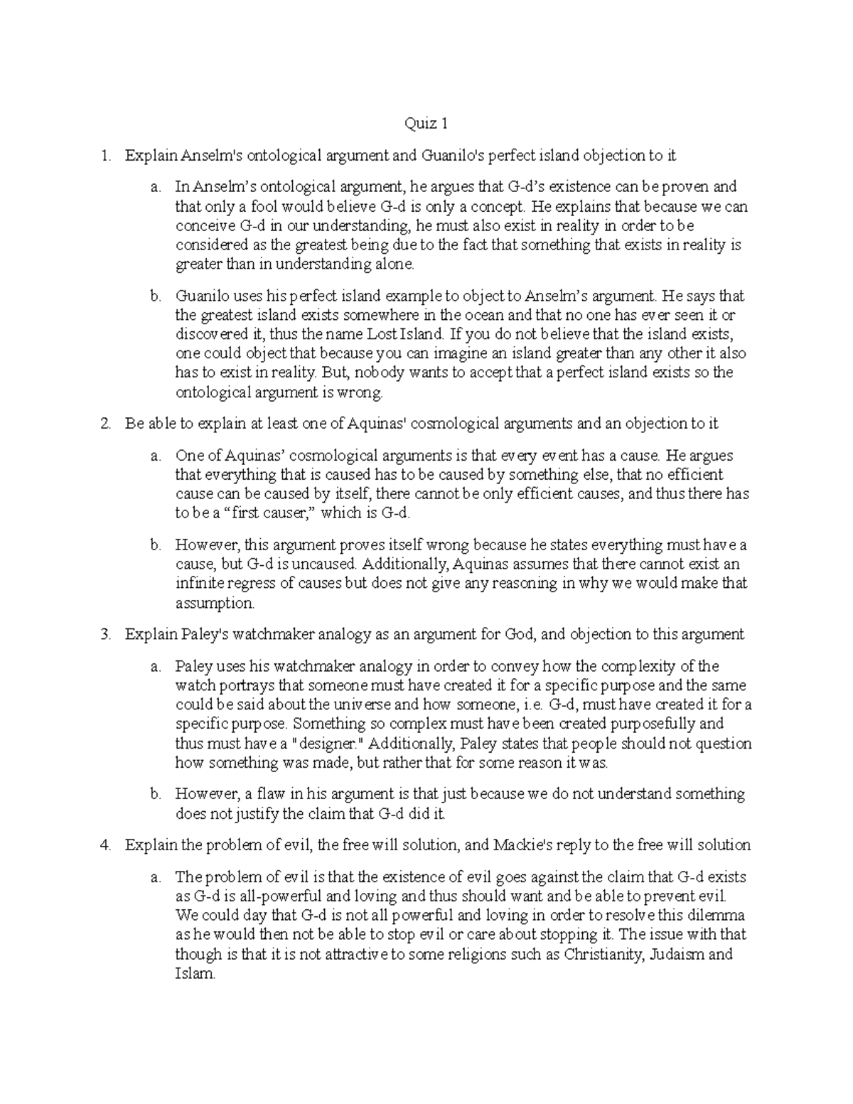 Quiz 1 Quiz Study Guide Quiz 1 Explain Anselm s Ontological
