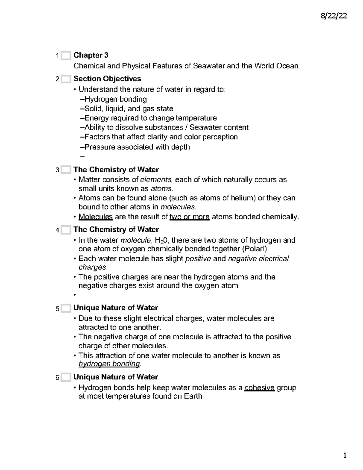 Chap03 - Seawater - 8/22/ 1 Chapter 3 Chemical and Physical Features of ...