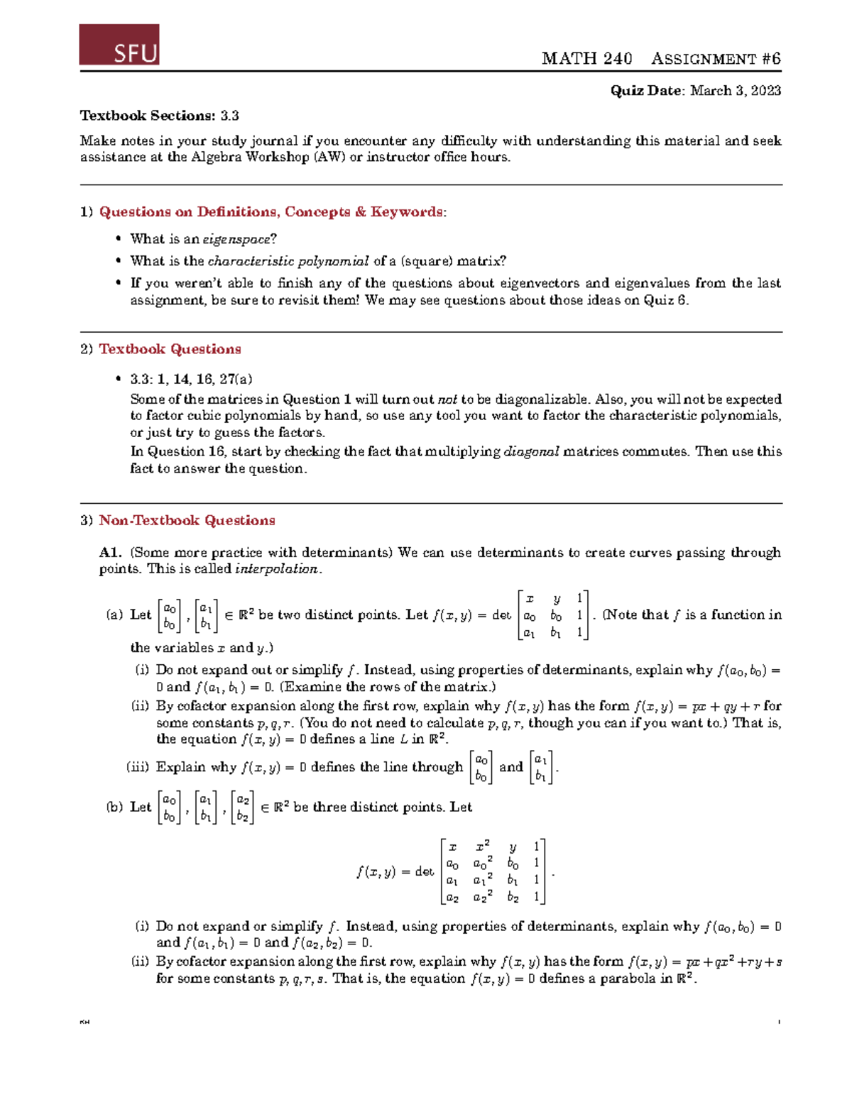 240a6 - notes - MATH 240 ASSIGNMENT Quiz Date: March 3, 2023 Textbook ...