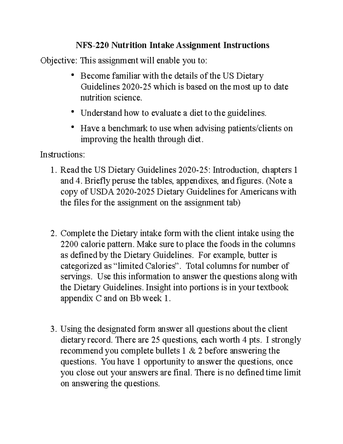 Nutrition intake assign instructions NFS 230(2) - NFS-220 Nutrition Intake Assignment ...