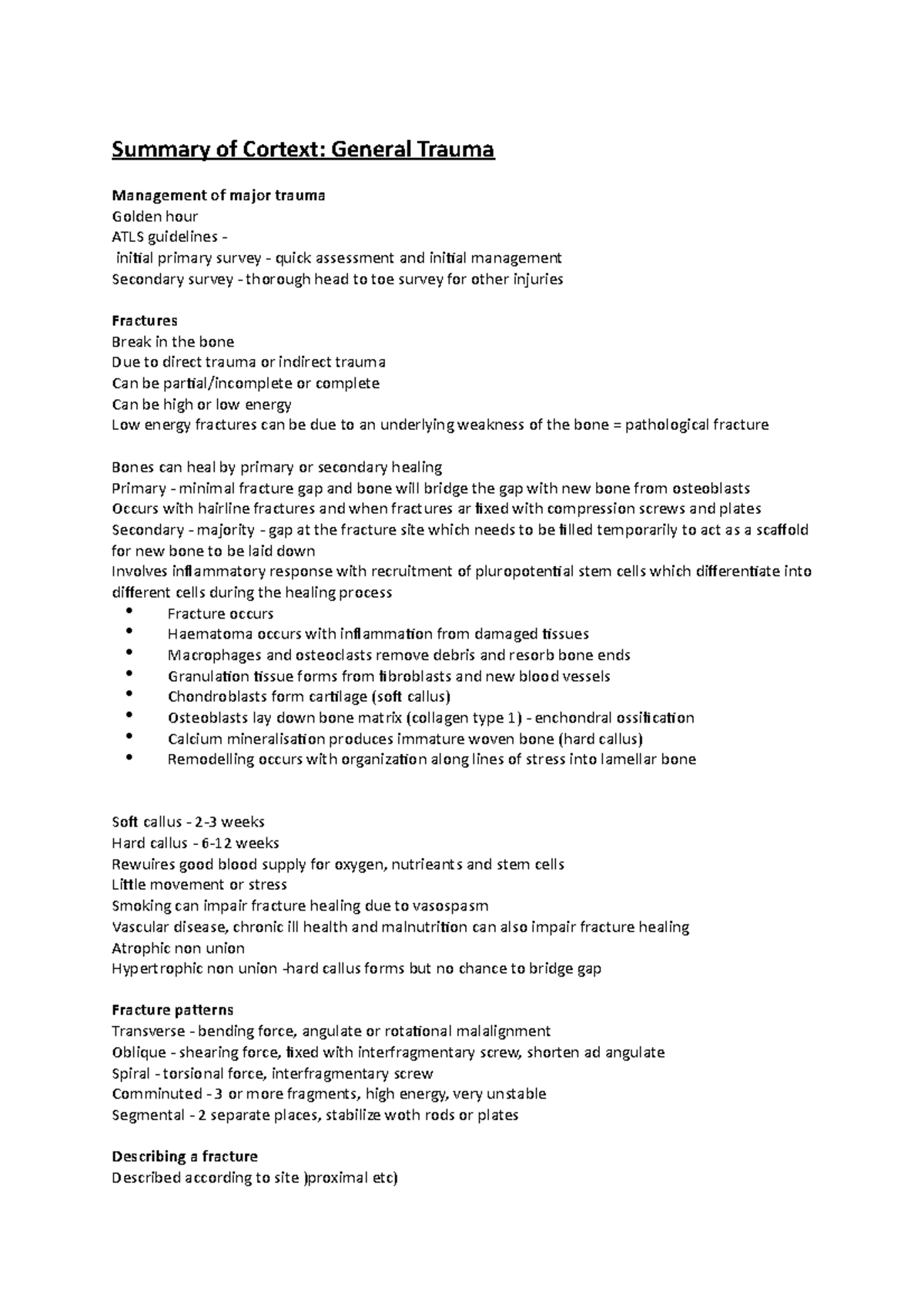 Summary of Cortext- general trauma - Summary of Cortext: General Trauma ...