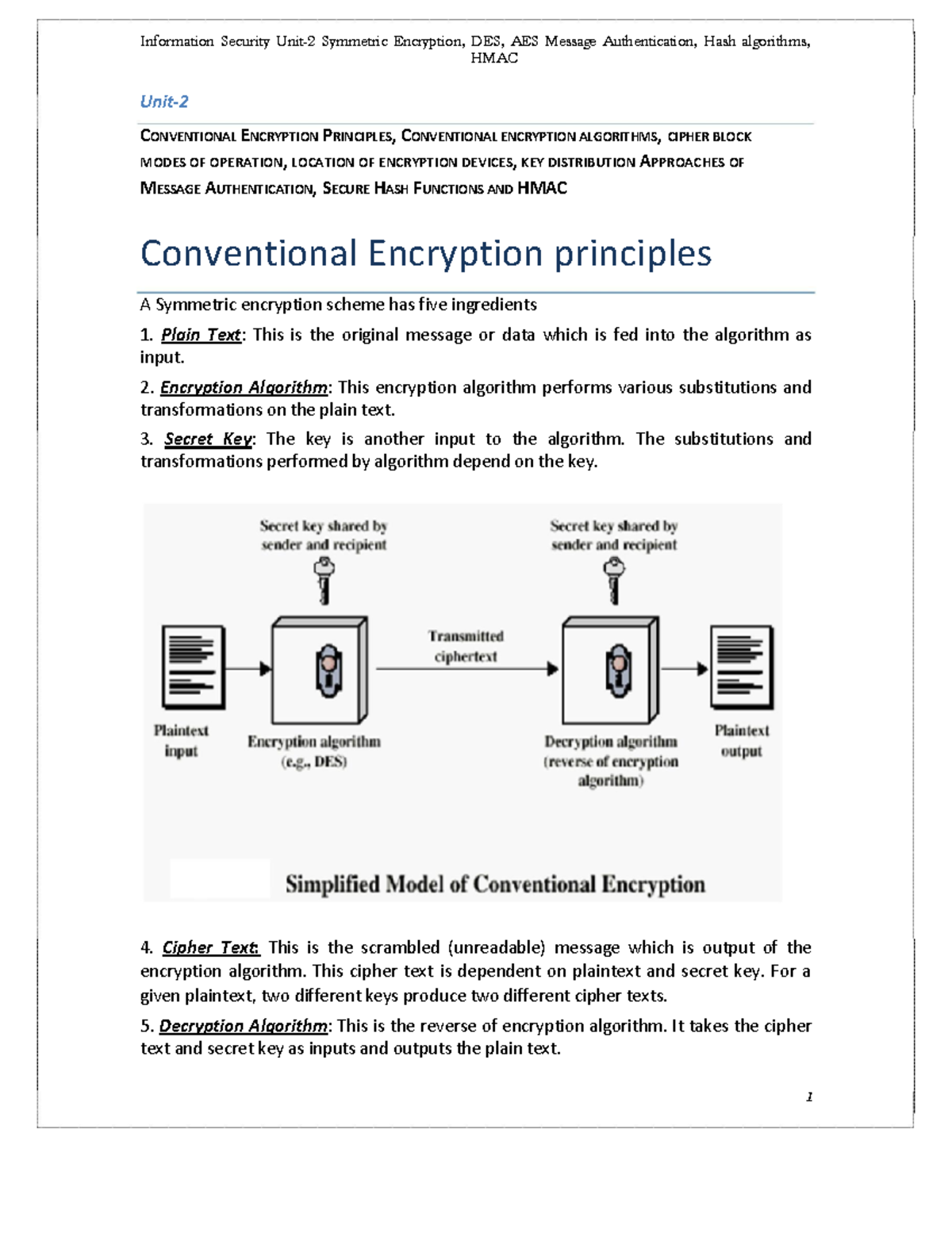 NS-unit2 - HMAC Unit- CONVENTIONAL ENCRYPTION PRINCIPLES, CONVENTIONAL ENCRYPTION ALGORITHMS ...