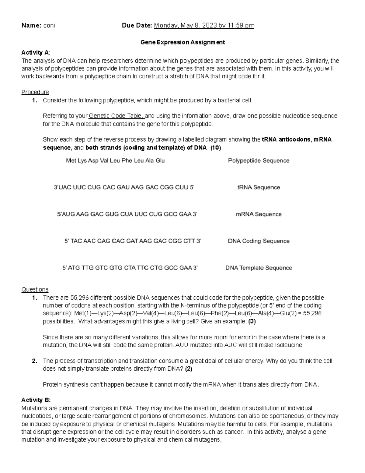 (S) Gene Expression Assignment - Name: coni Due Date: Monday, May 8 ...