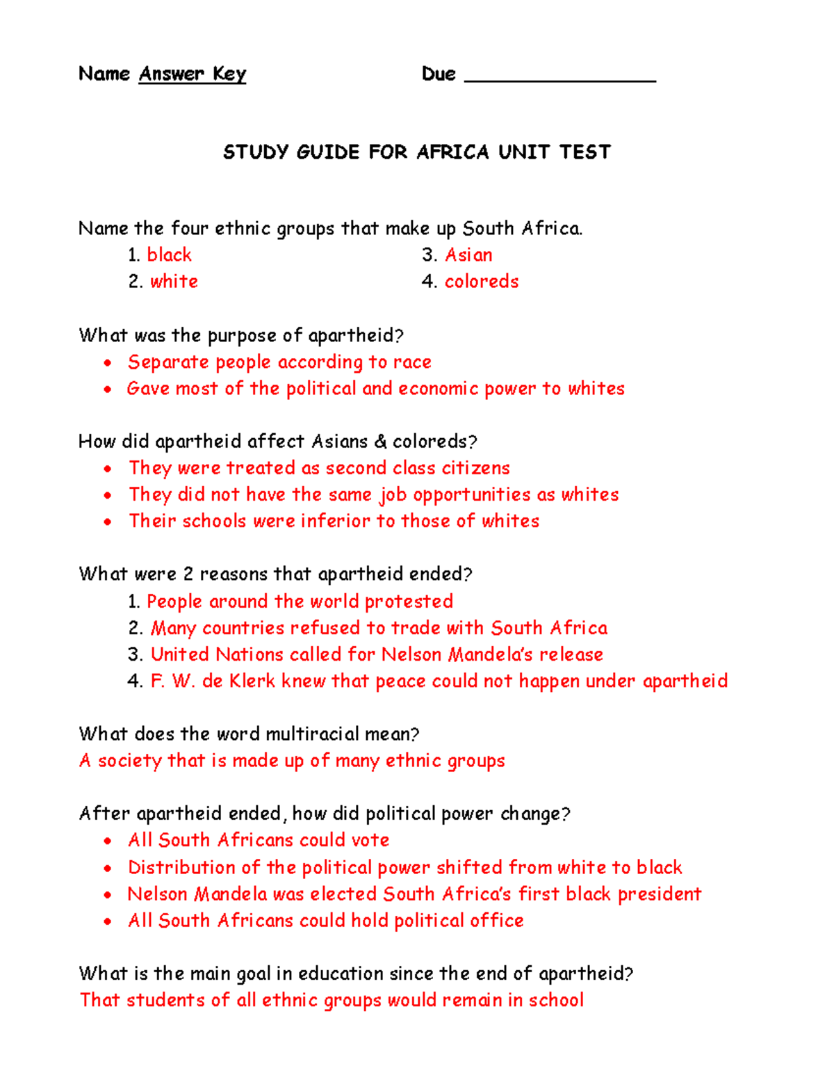 Africa Study Guide Answer Key - Name Answer Key Due ...