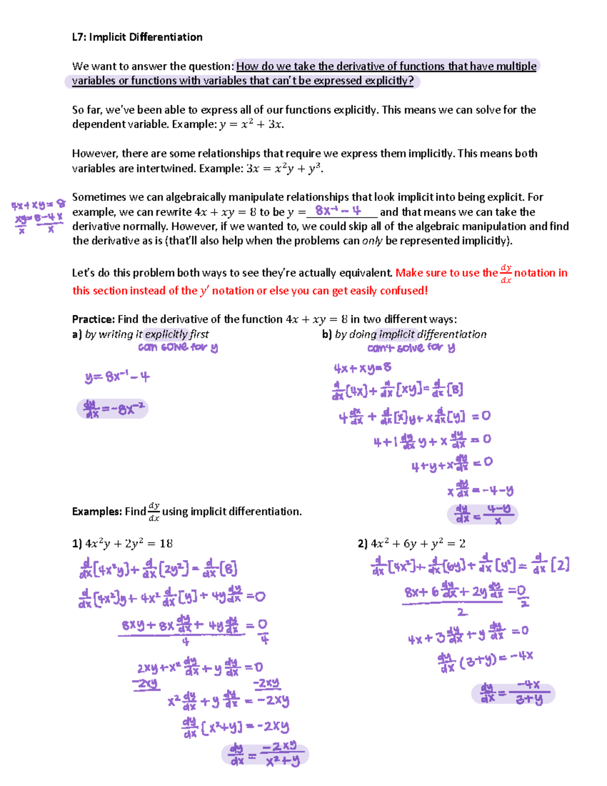 Lecture 7 - instructor Leslie Rodriguez - L7: Implicit Differentiation We want to answer the ...