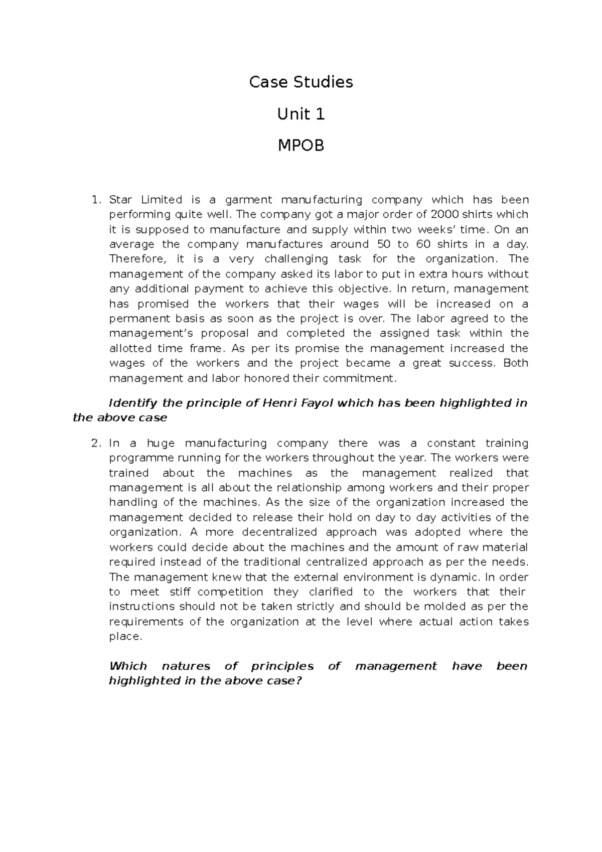 Case Studies mpob u1 - Case Studies Unit 1 MPOB Star Limited is a ...