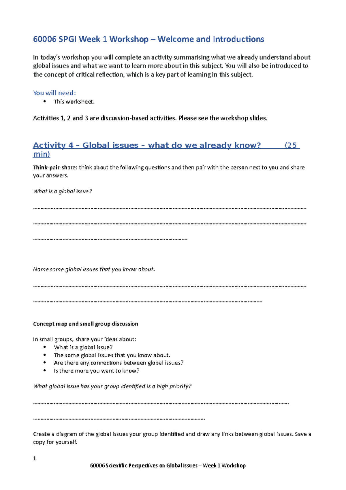 SPGI SPR22 Week 1 workshop worksheet - 60006 SPGI Week 1 Workshop – Welcome and Introductions In ...