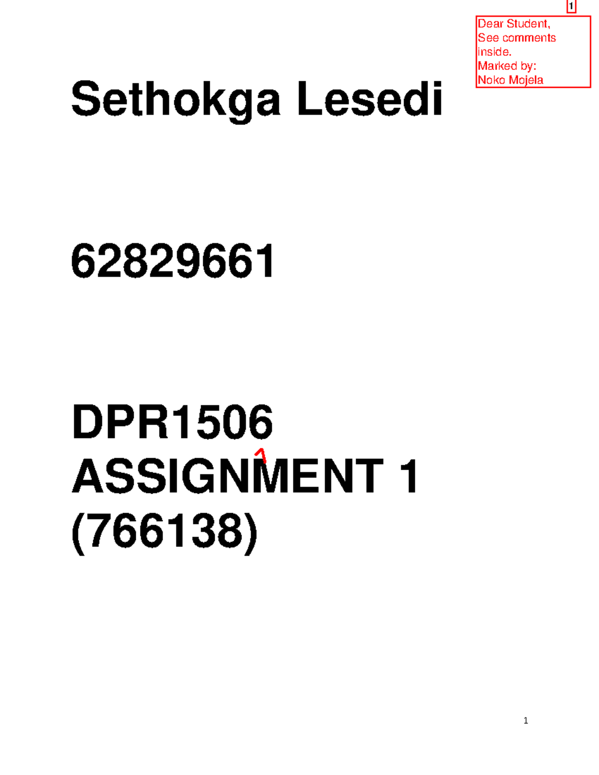 62829661 DPR1506 01 MARK087100 - Sethokga Lesedi 62829661 DPR ASSIGNMENT 1 (766138) 1 ...