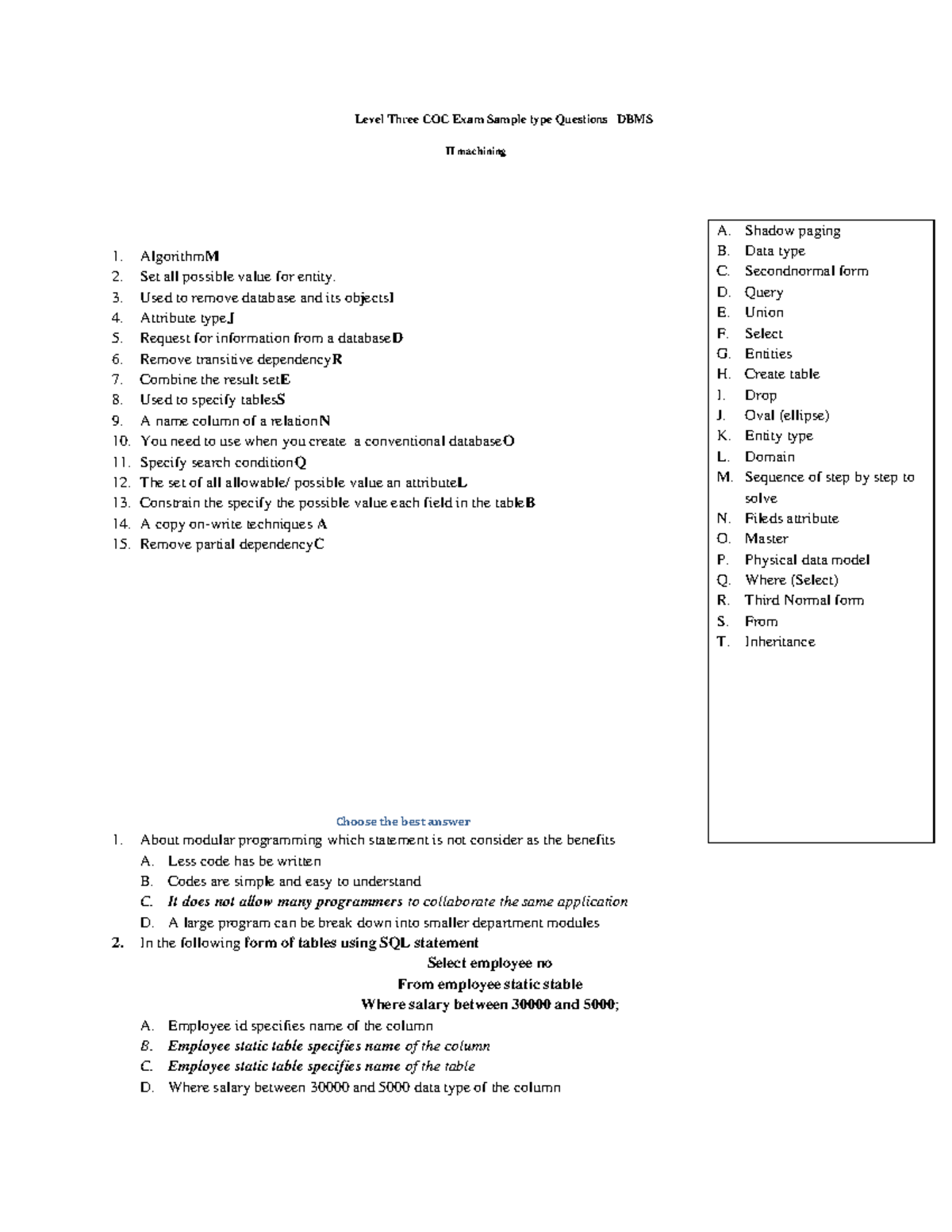 ICT COC level 3 DBA 3 - never giv up - Level Three COC Exam Sample type Questions DBMS II ...