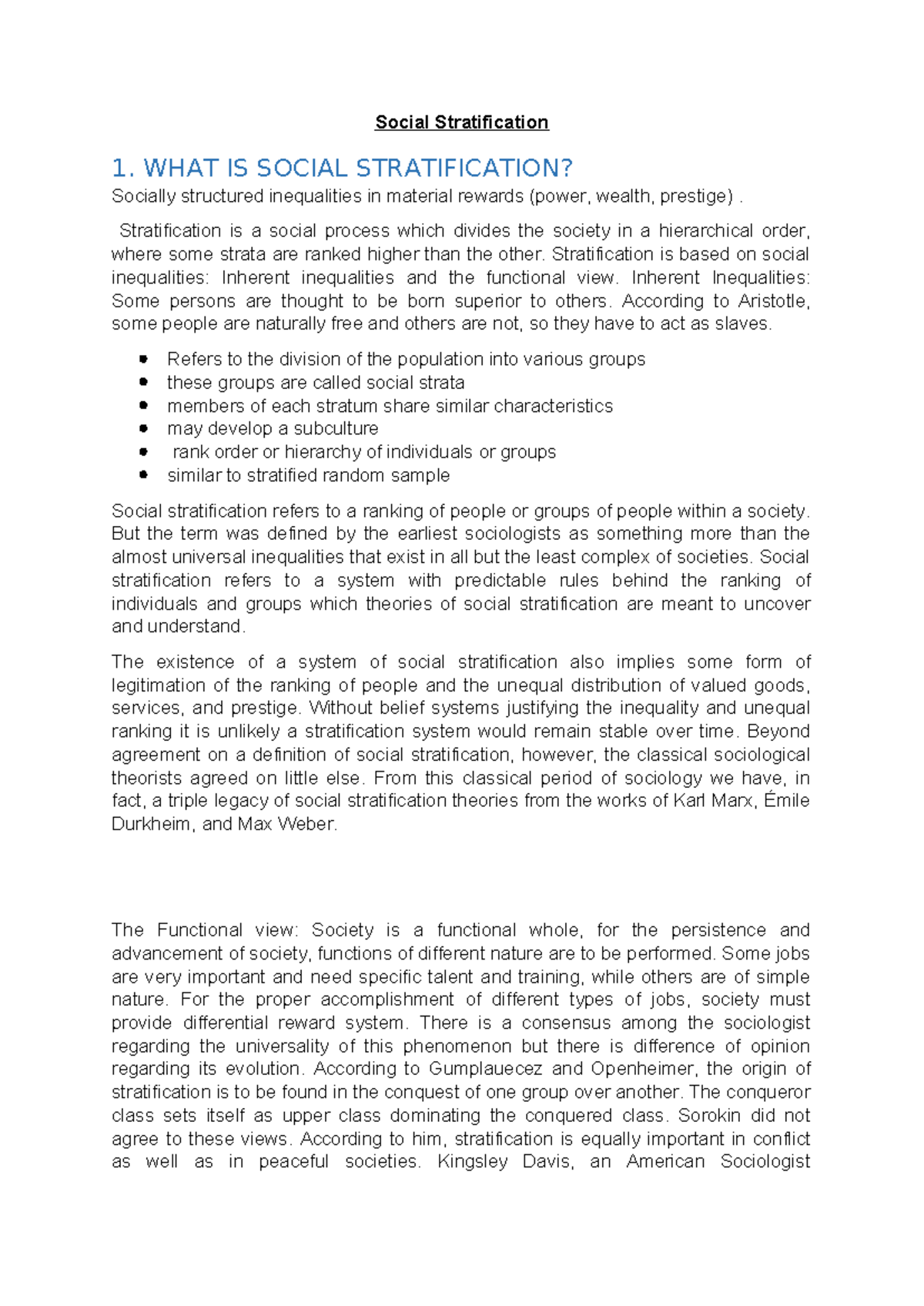 Social Stratification Notes - Social Stratification 1. WHAT IS SOCIAL ...