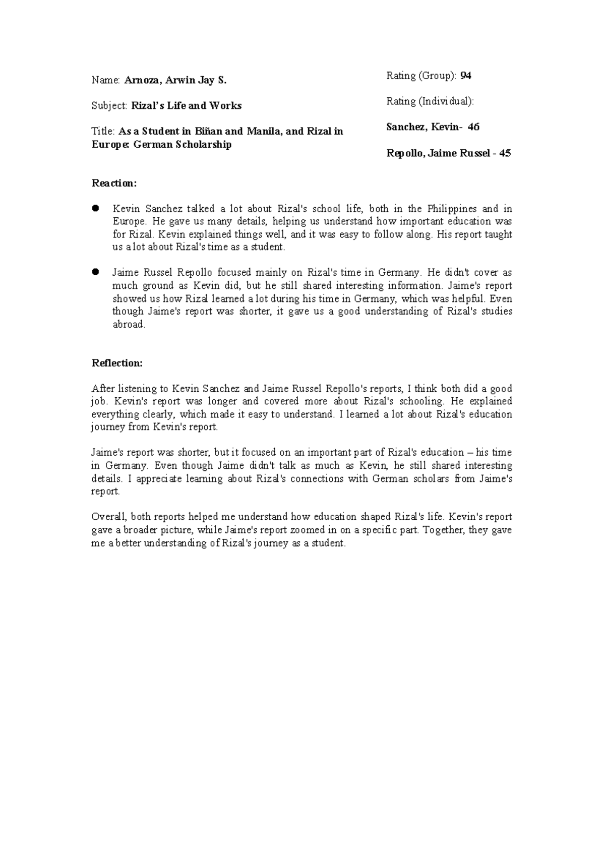 Arwin JAY Rizal Arnoza - Name: Arnoza, Arwin Jay S. Subject: Rizal’s Life and Works Title: As a ...