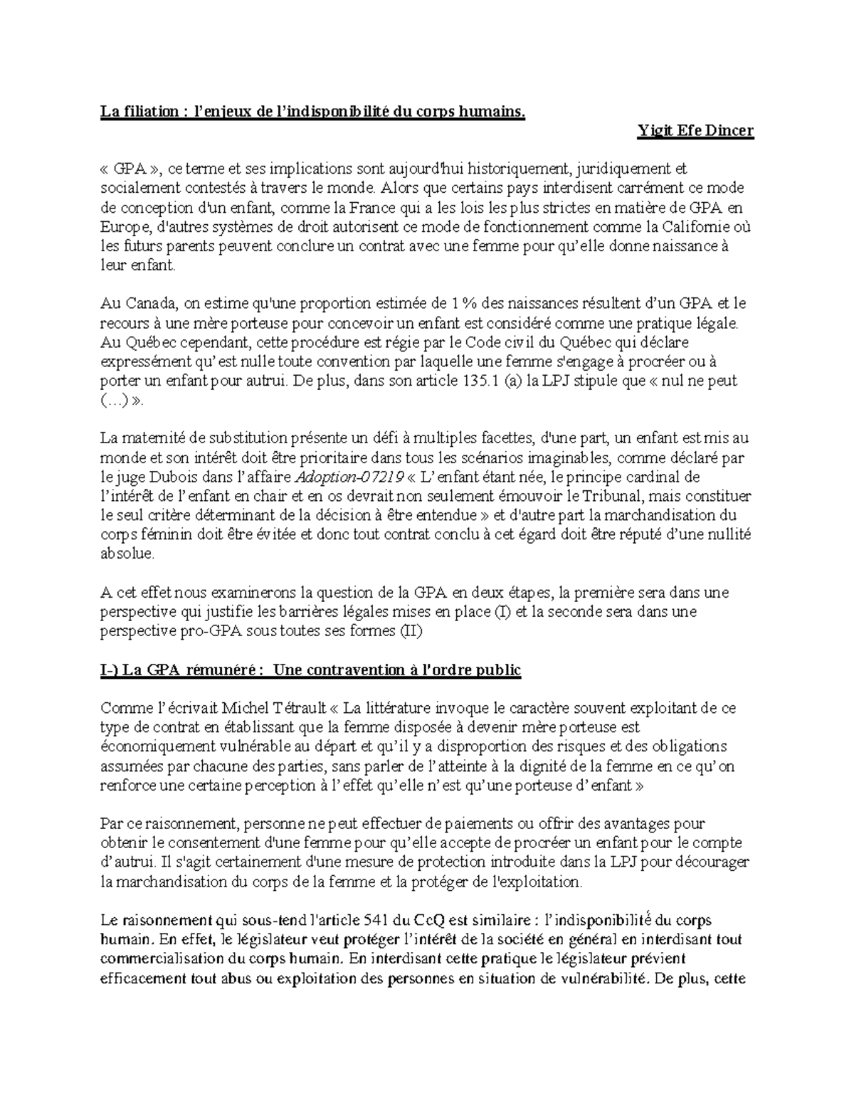 La filiation - l’enjeux de l’indisponibilité du corps humains - Yigit ...