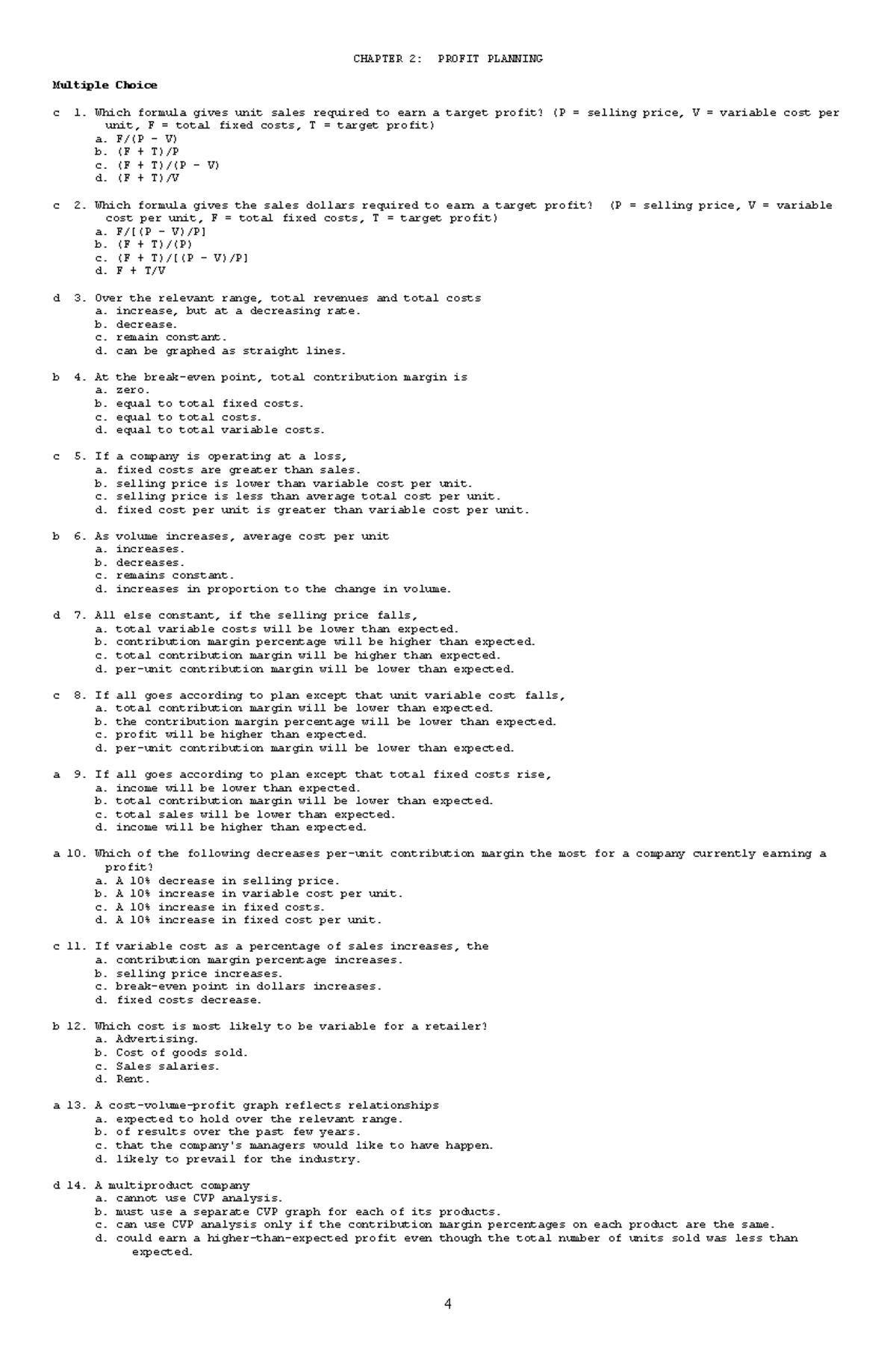 Mas 2 - MAS 2 PRACTICE REVIEWER - CHAPTER 2: PROFIT PLANNING Multiple ...