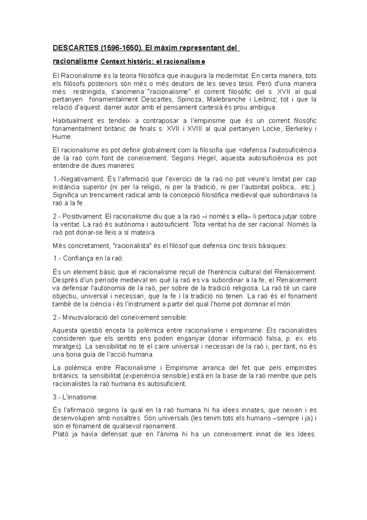Descartes. Context històric el racionalisme - DESCARTES (1596-1650). El ...