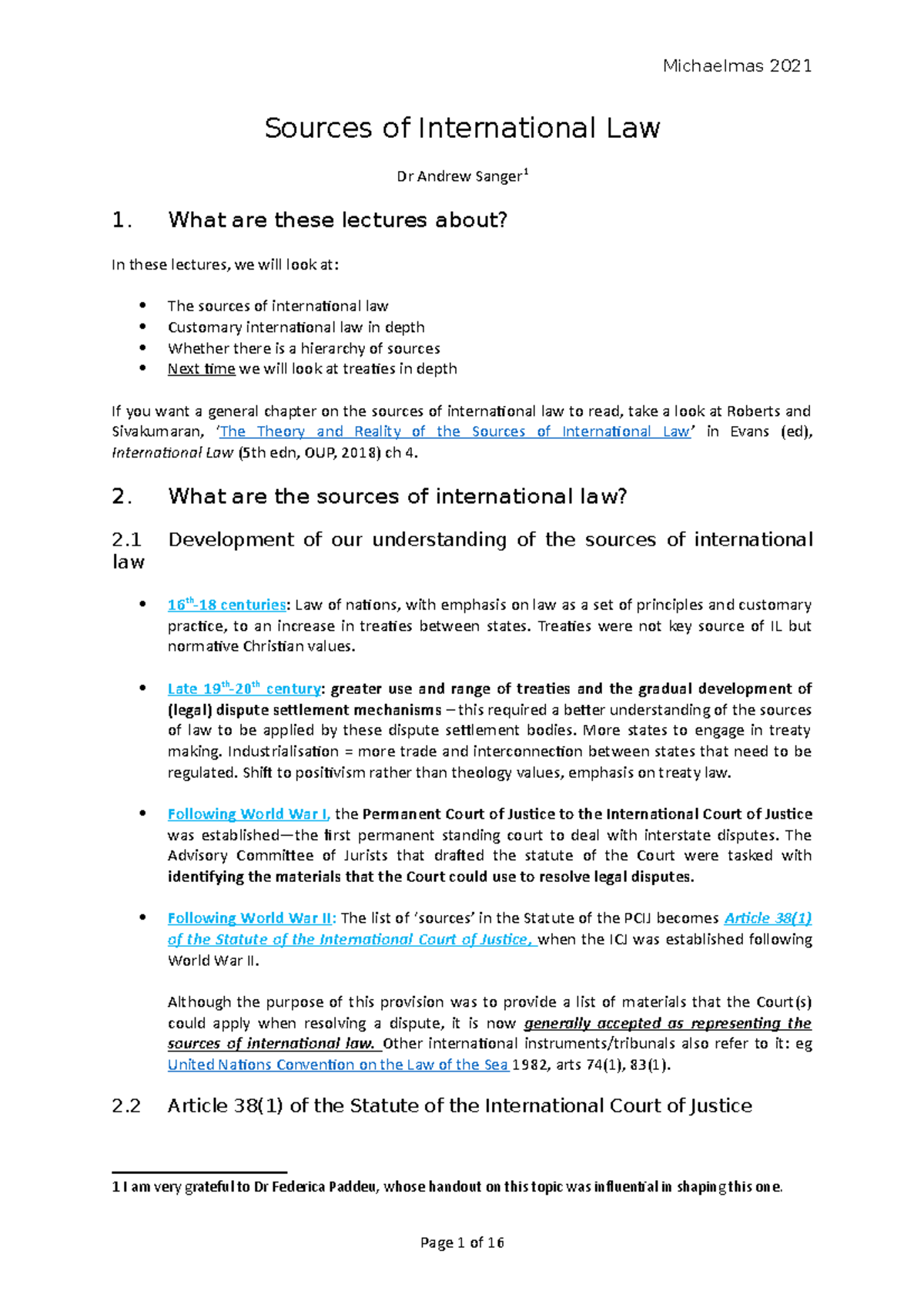 ILL2 Sources of Law - lecture notes - Sources of International Law Dr ...