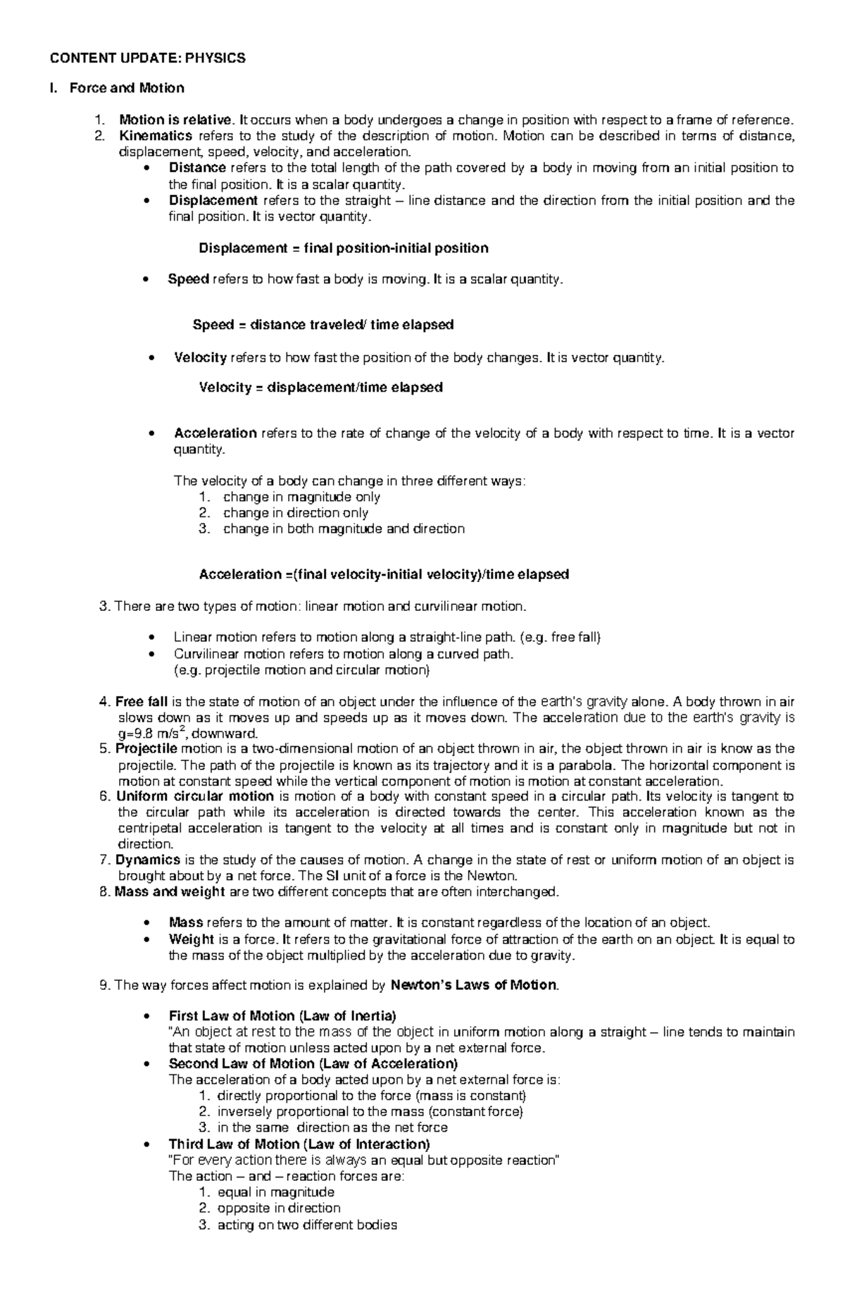 Physics Review Notes - CONTENT UPDATE: PHYSICS I. Force and Motion ...
