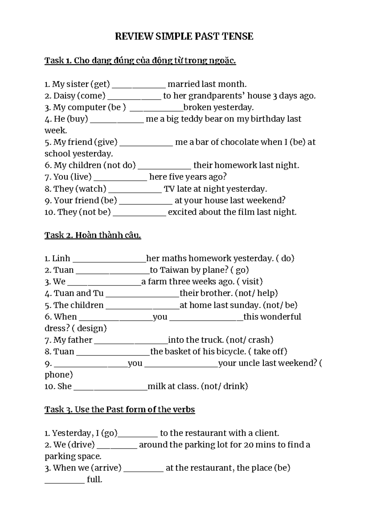 Review Simple PAST Tense - REVIEW SIMPLE PAST TENSE Task 1. Cho dạng ...