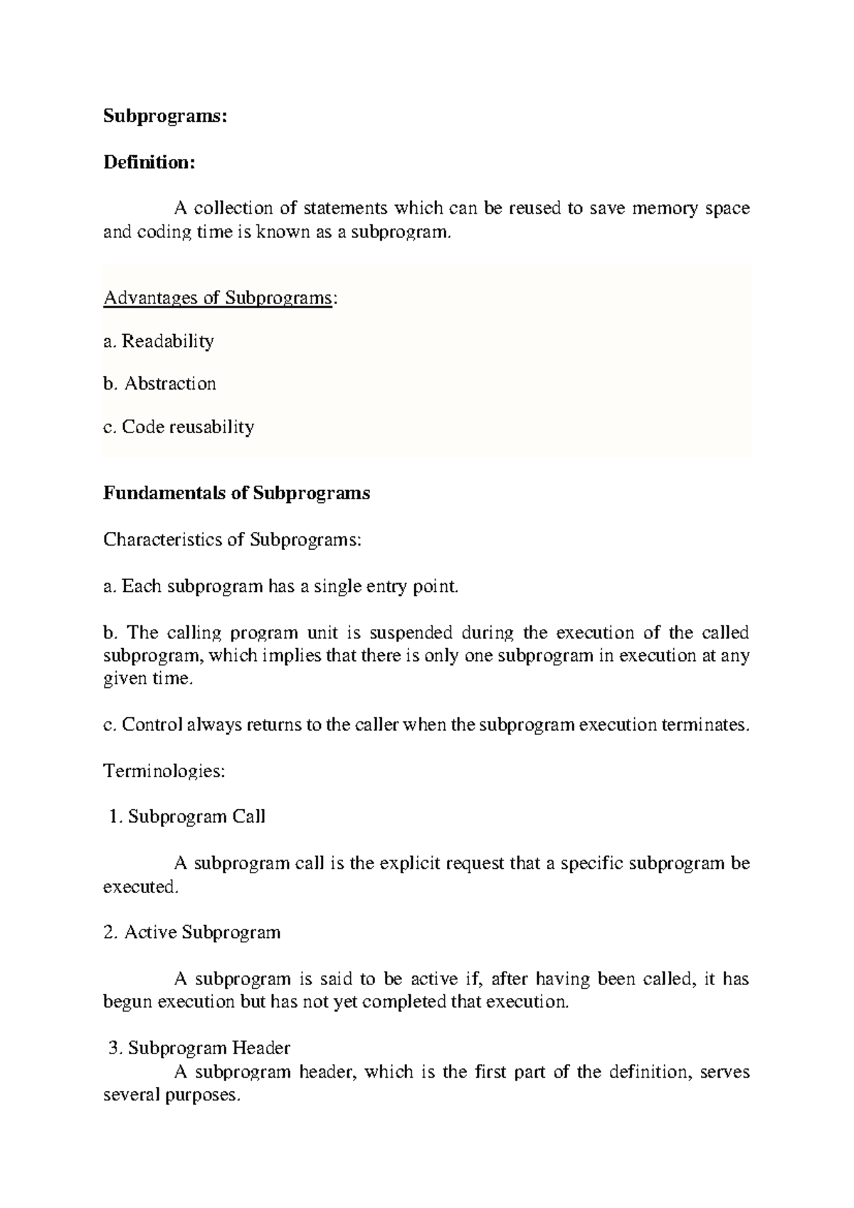 Subprograms - Subprograms: Definition: A collection of statements which ...