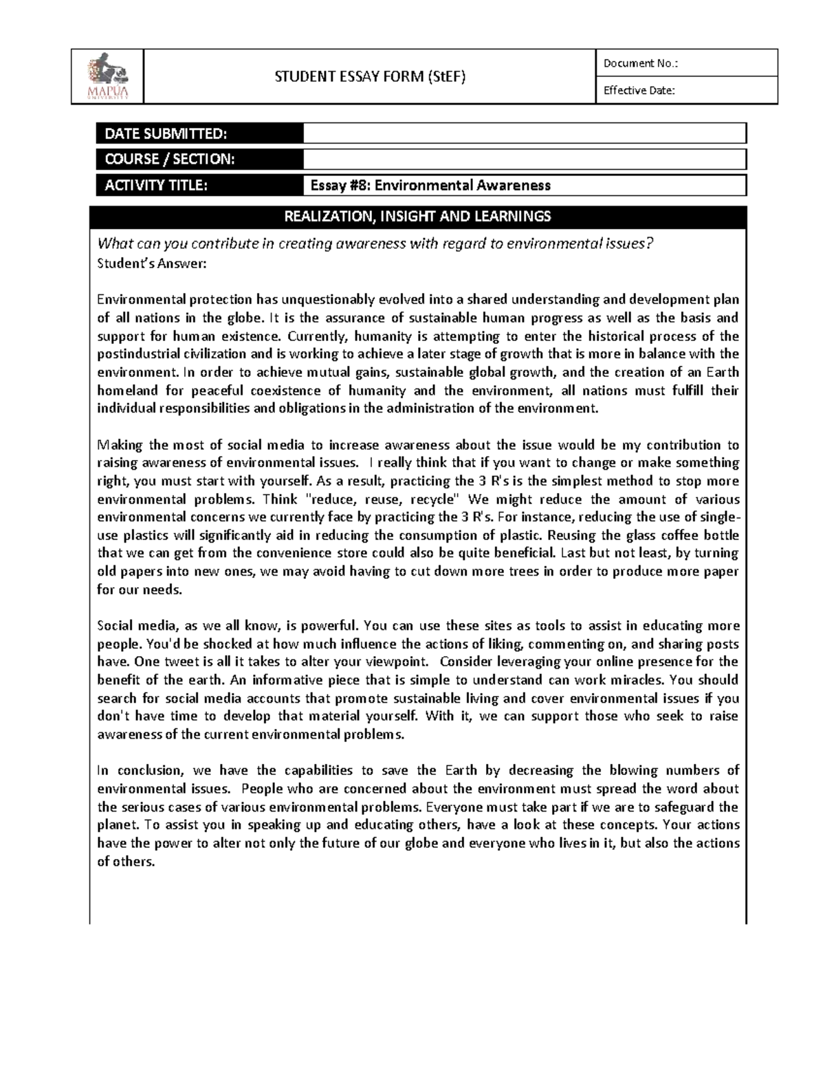 Form NSTP100 Essay 8 - STUDENT ESSAY FORM (StEF) Document No ...