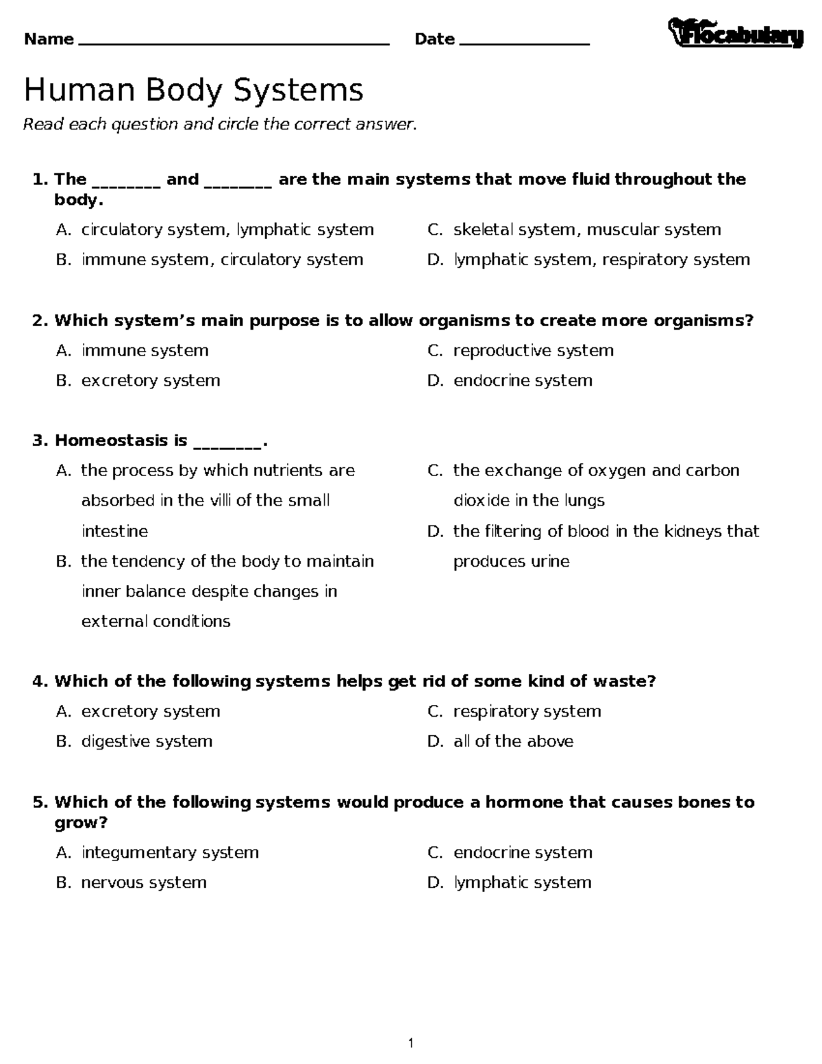 Human-body-systems-homework - 1 Human Body Systems Read each question ...