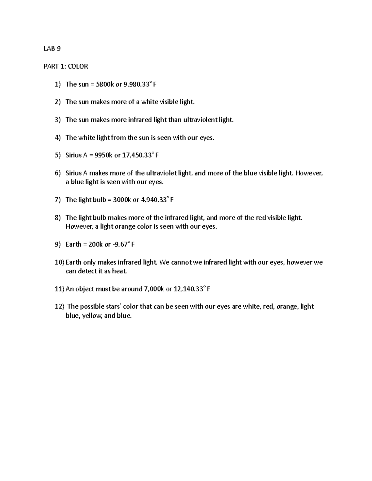 LAB 9, Lab Answers from practicals - LAB 9 PART 1: COLOR The sun ...