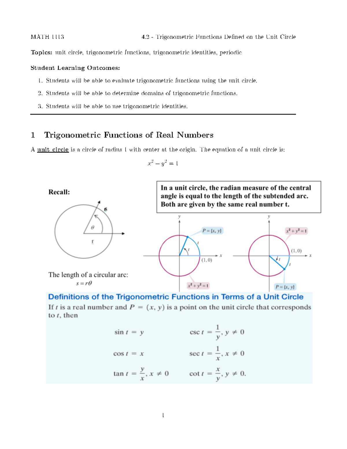 4.2 Handout-6 - practice - MATH 1113 Topics: unit circle, trigonometric ...