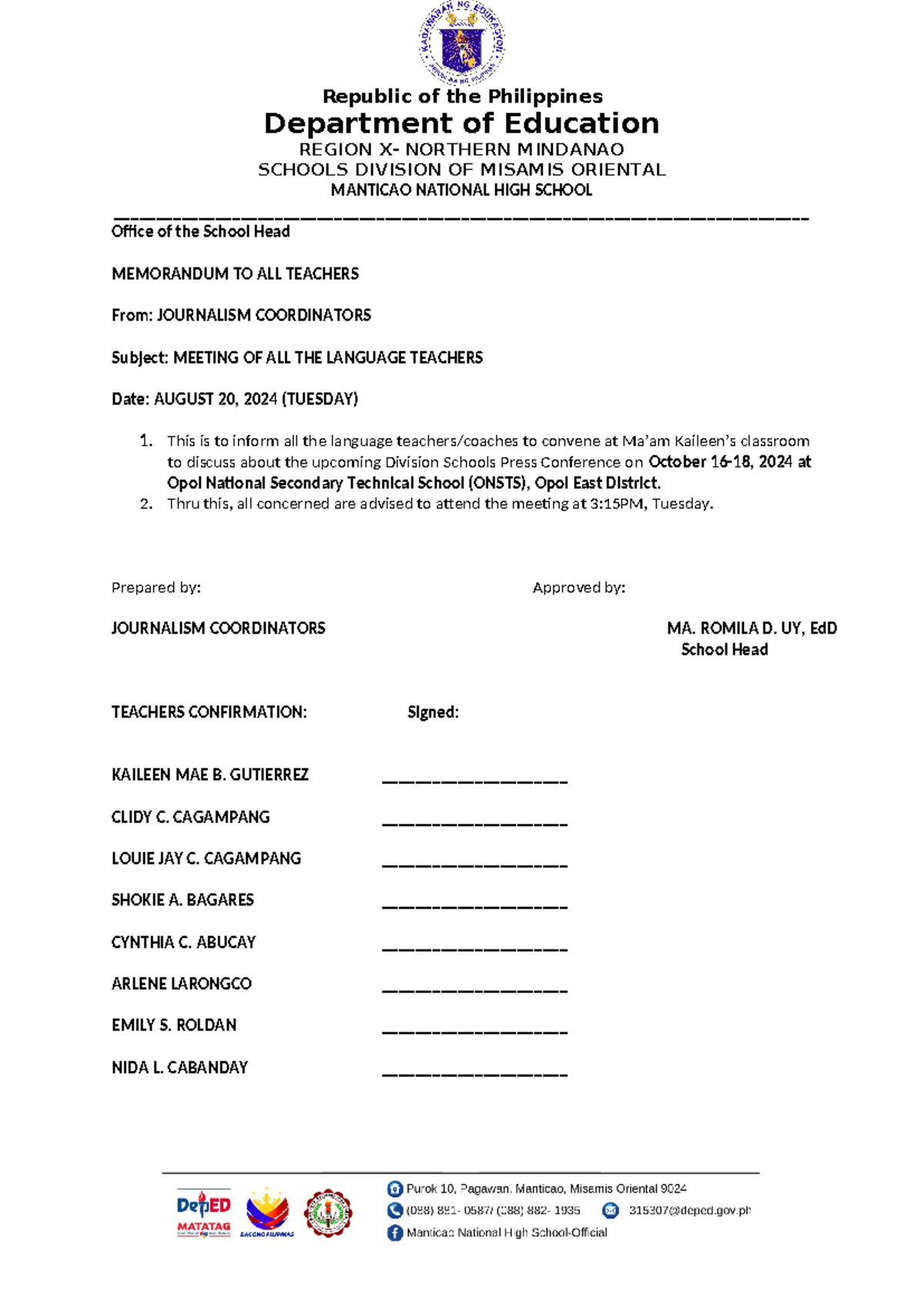 Republic of the Philippines - Department of Education REGION X ...