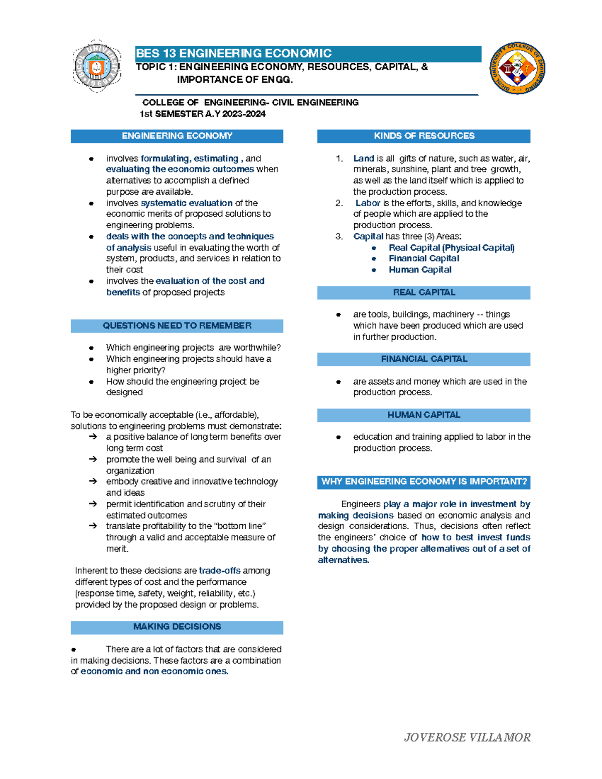 ECON- topic 1 - engineering economy notes - BES 13 ENGINEERING ECONOMIC ...