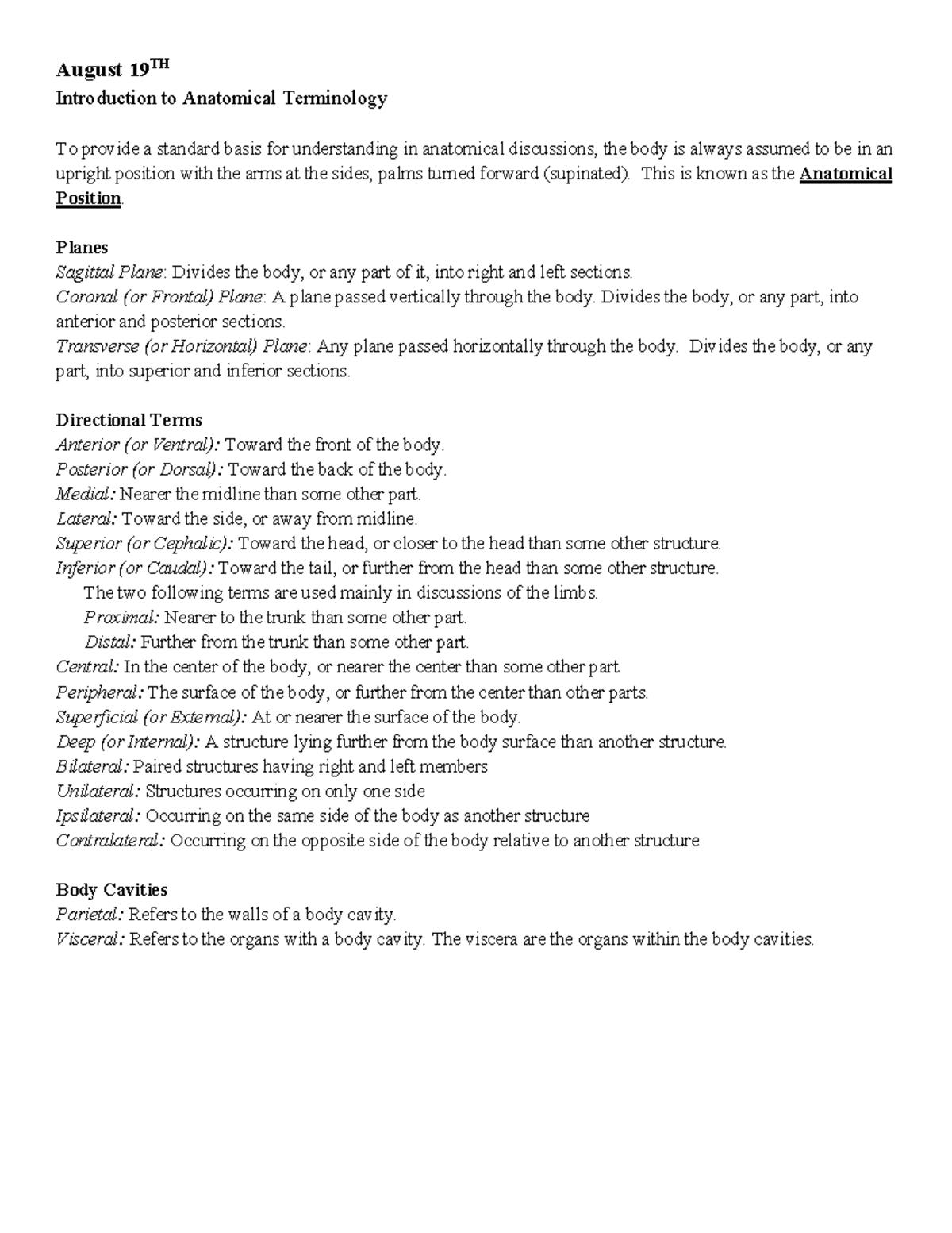 Human anatomy class activity - August 19 TH Introduction to Anatomical ...