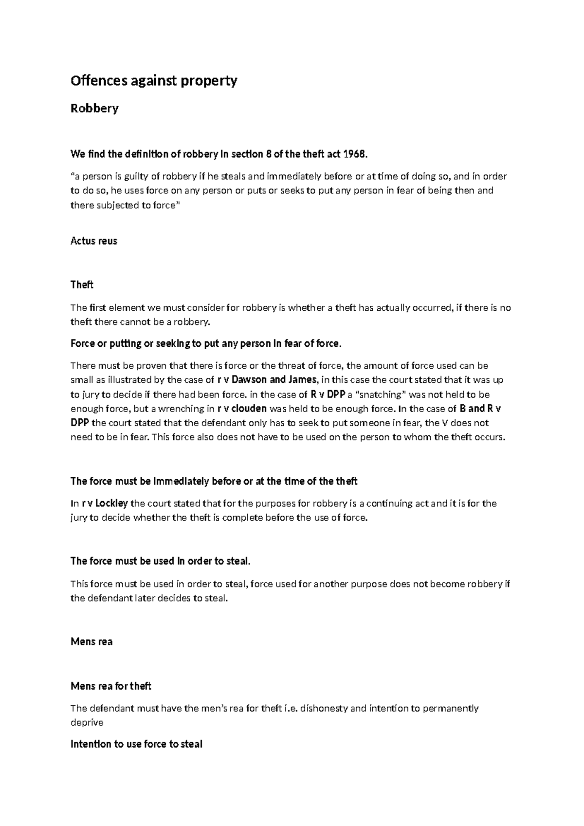 Robbery - ocr a level law help - Offences against property Robbery We ...