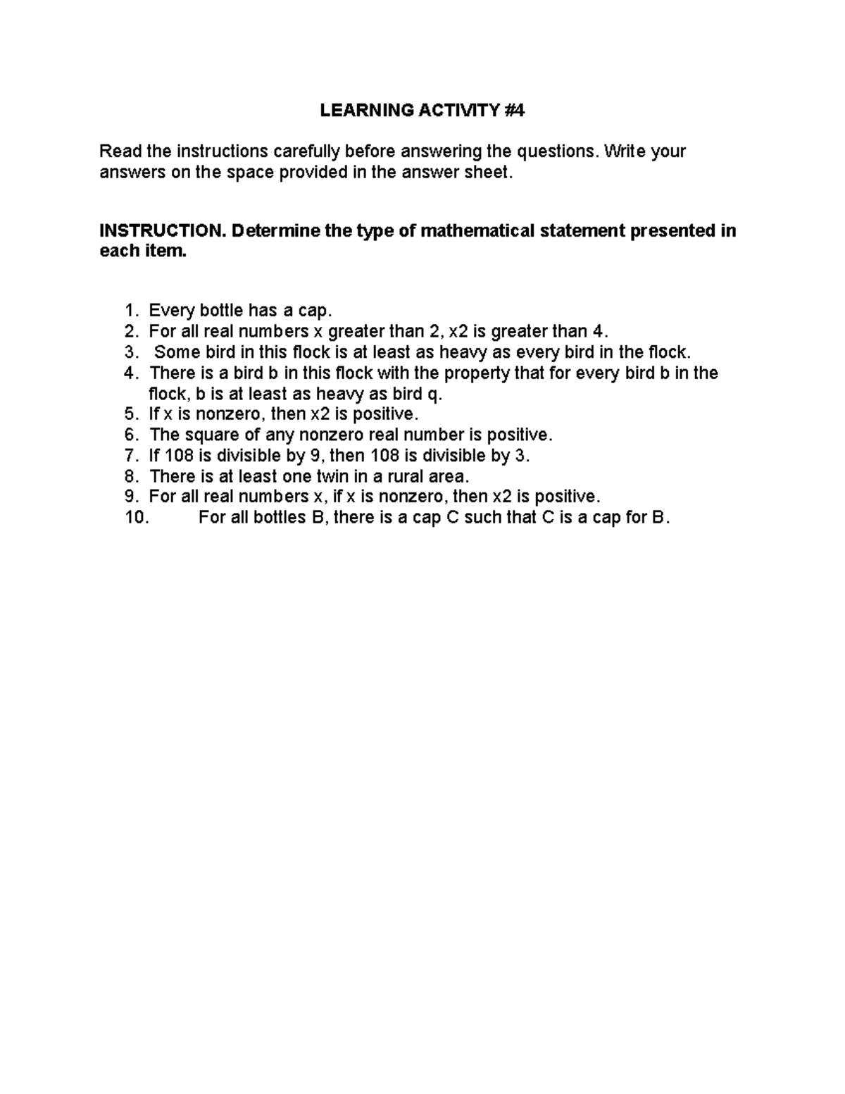 Mmw act 4 - Determining the type of mathematical statement - LEARNING ...