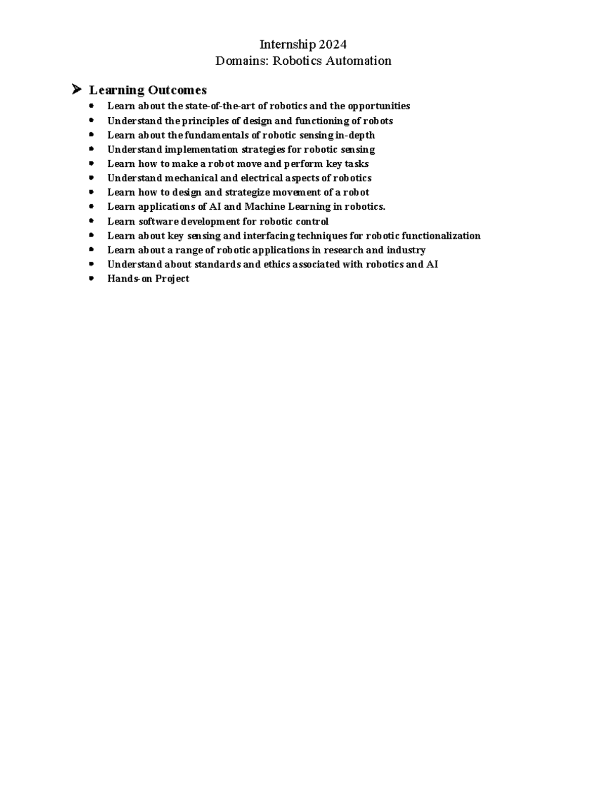 Learning Outcomes - Internship 2024 Domains: Robotics Automation ...