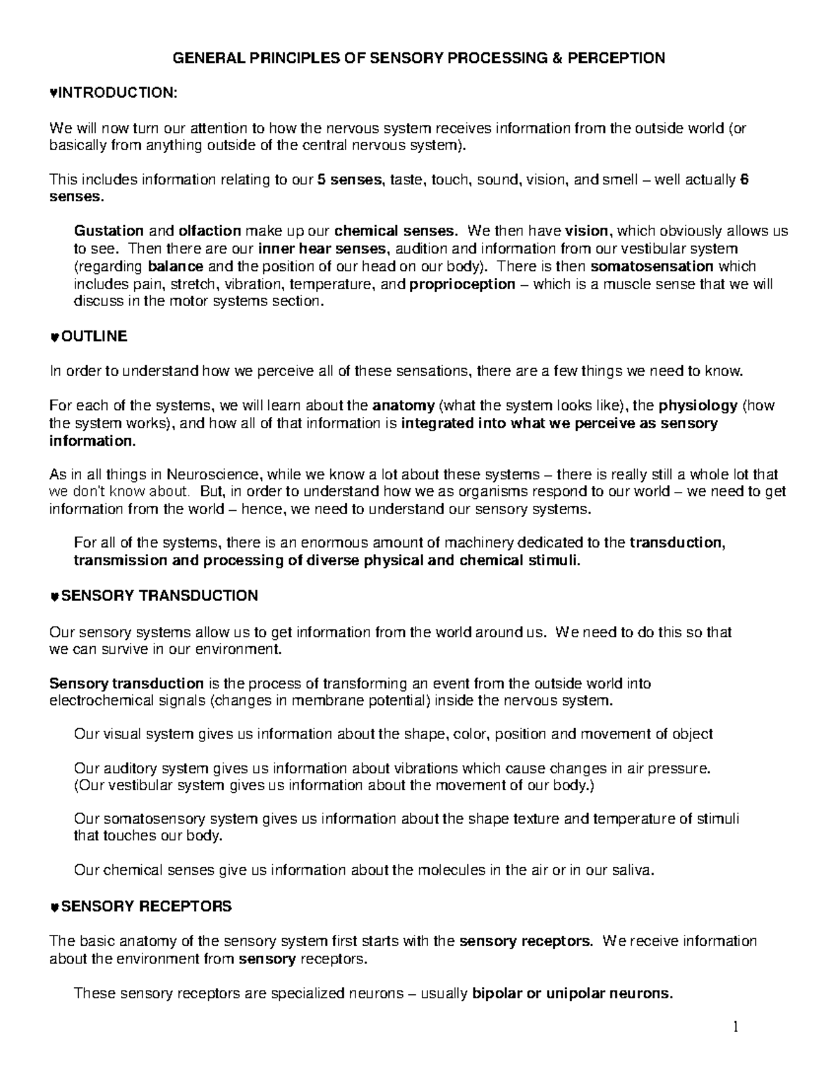 General Principles of Sensory Processing & Perception Notes - GENERAL ...