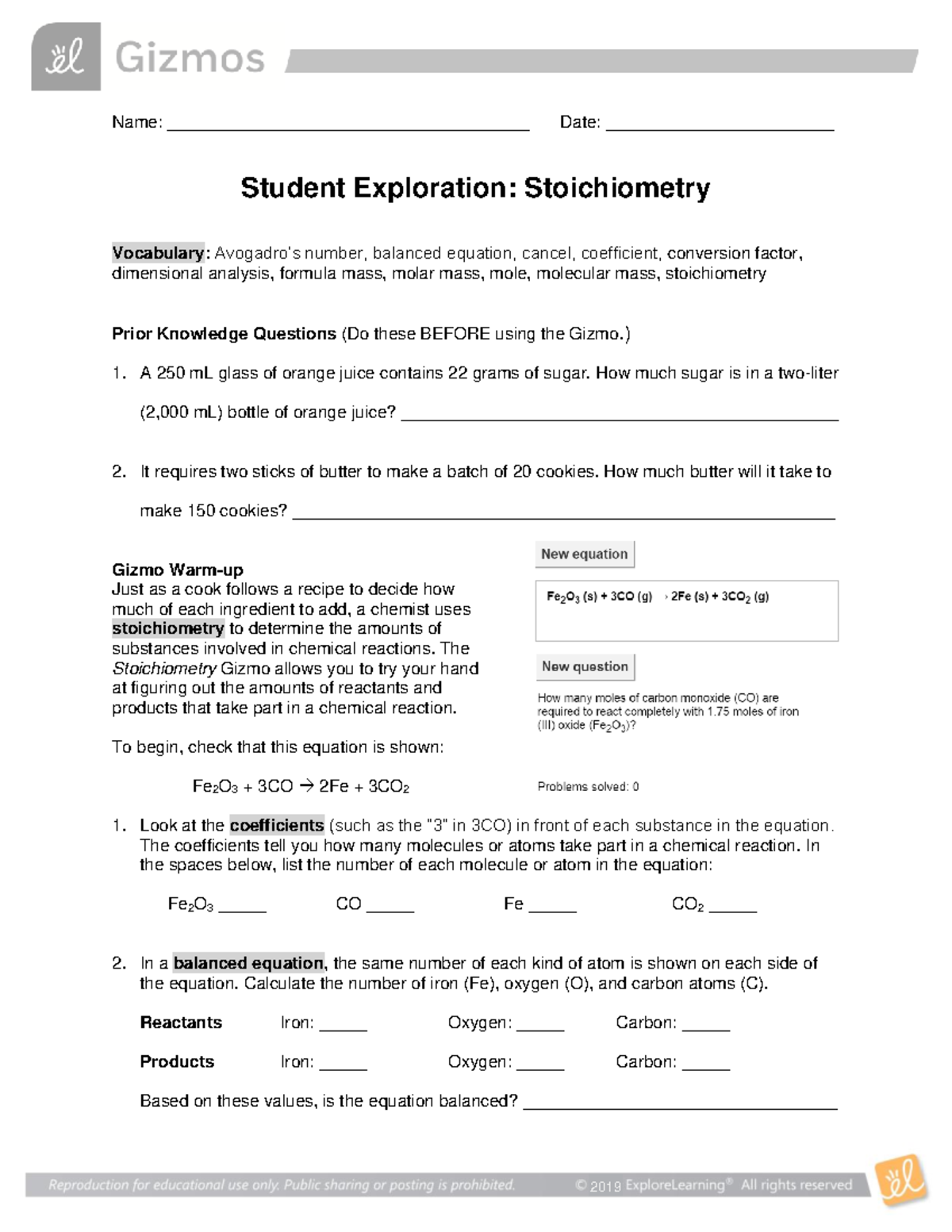 Stoichiometry Gizmo Student Exploration WS - Name
