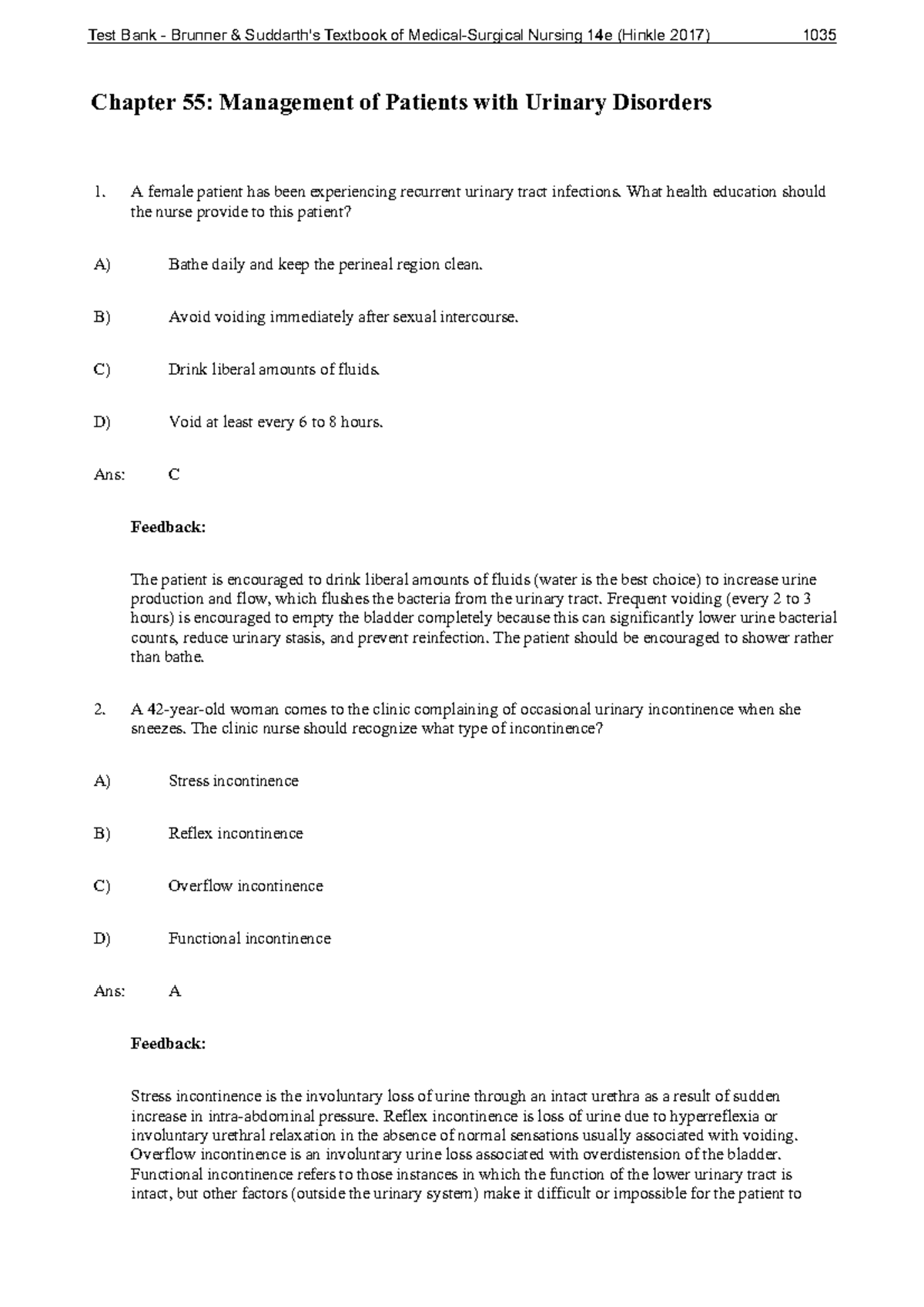 Ch 55 - Test bank - Chapter 55: Management of Patients with Urinary ...