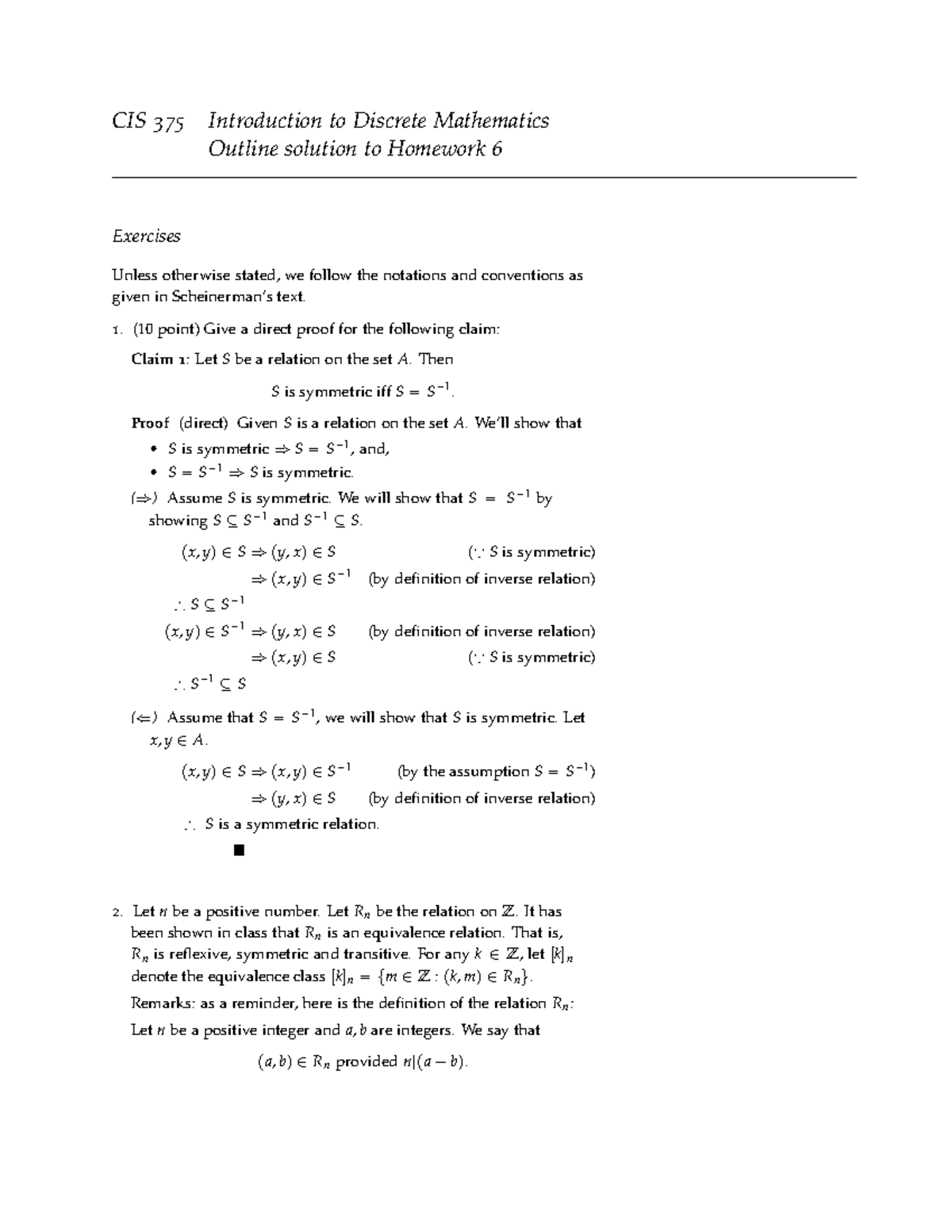 Hw06-sol - Homework 6 solutions Discrete Mathematics Profesor : Andrew Lee - CIS 375 ...