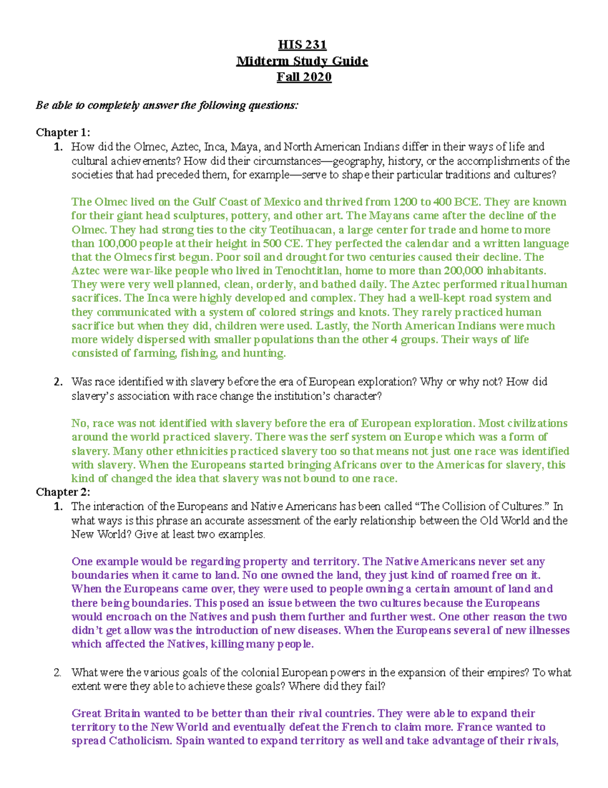 Midterm study guide - HIS 231 - HIS 231 Midterm Study Guide Fall 2020 ...