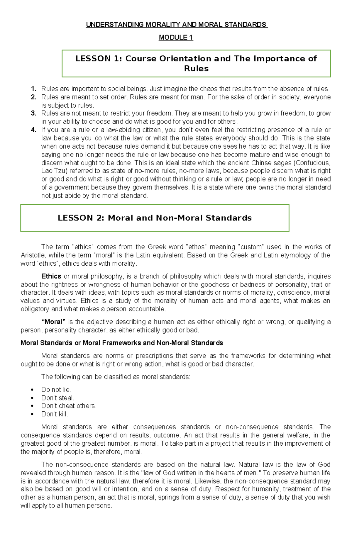 Ethics ALL Modules Student COPY - UNDERSTANDING MORALITY AND MORAL STANDARDS MODULE 1 1. Rules ...
