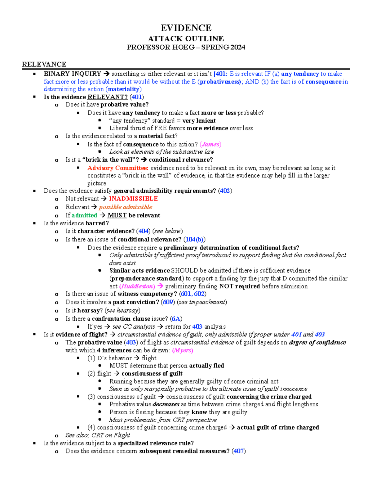 Attack Outline - Summary Evidence - EVIDENCE ATTACK OUTLINE PROFESSOR ...