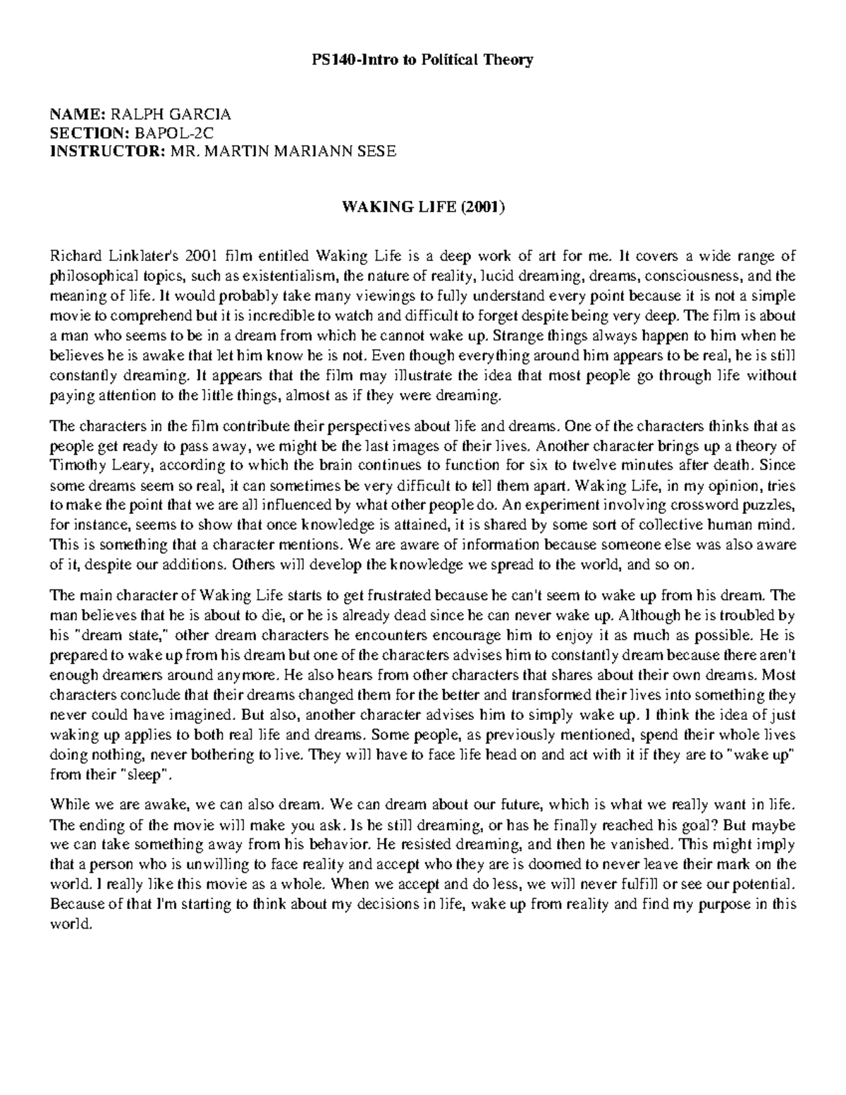 Garcia, Ralph- Assignment 1 - PS140-Intro to Political Theory NAME ...