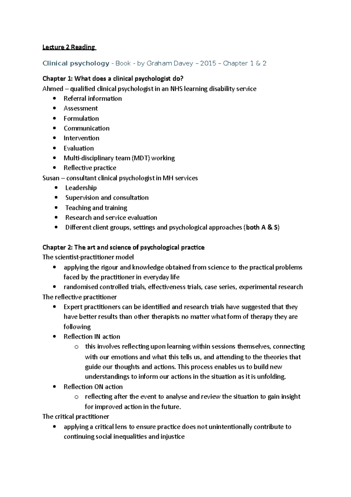 Lecture 2 Reading notes - Clinical psychology - Lecture 2 Reading ...