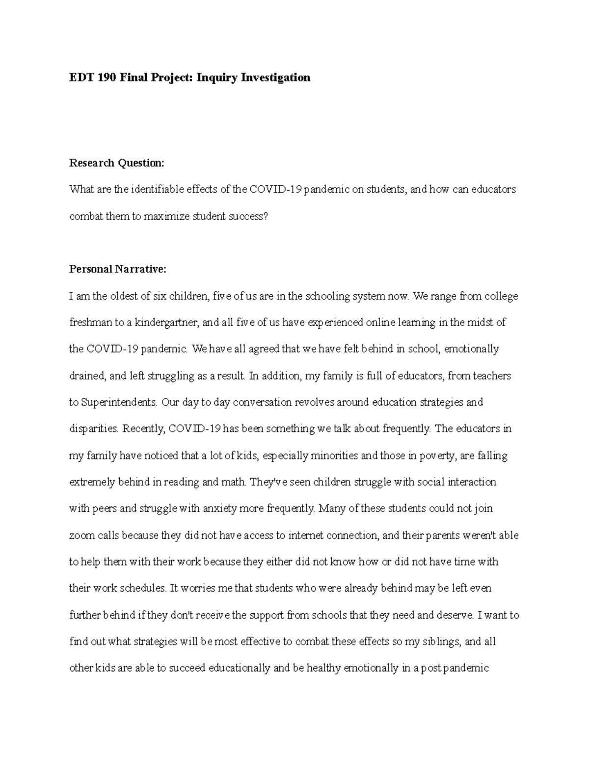 Research Question Final Project EDT 190 - EDT 190 Final Project ...