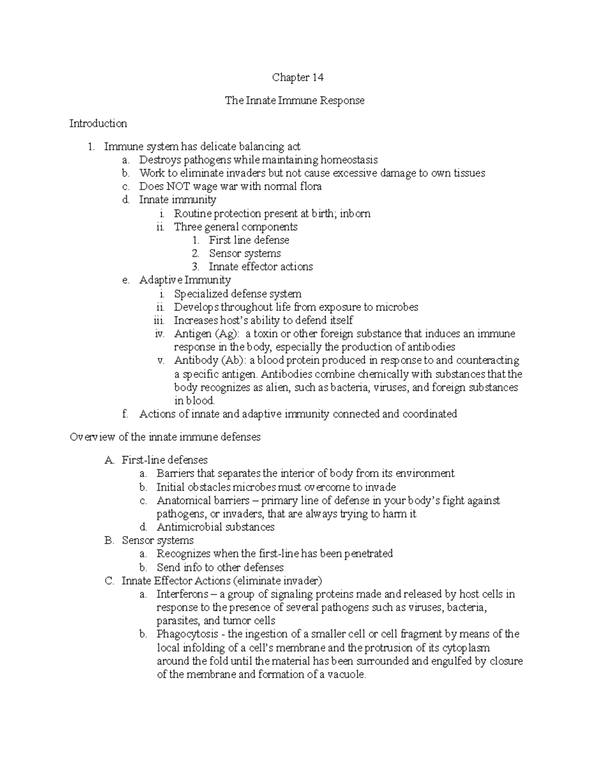Notes Chapter 14 - Chapter 14 The Innate Immune Response Introduction 1 ...