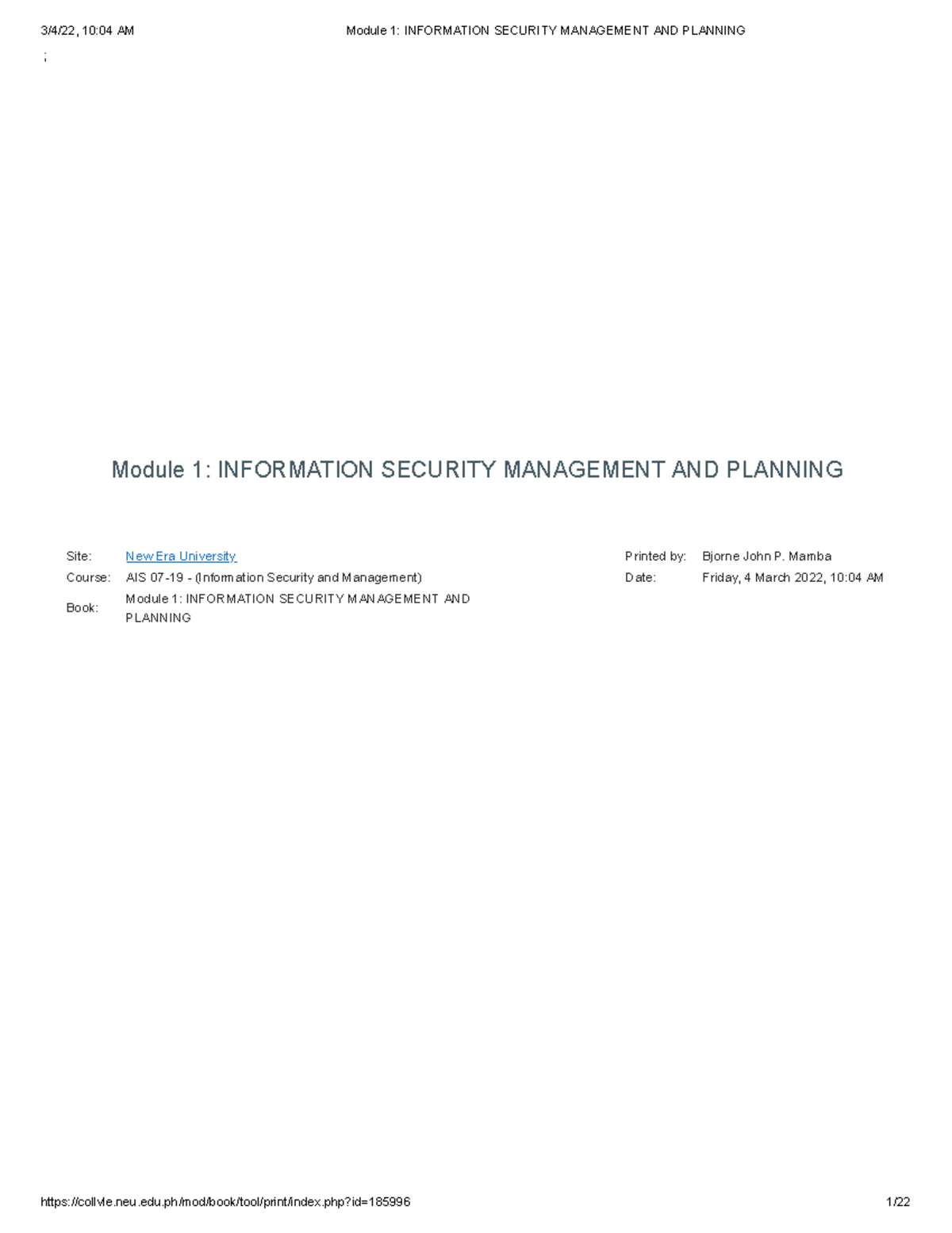 Module 1 Information Security Management AND Planning - ; Module 1 ...