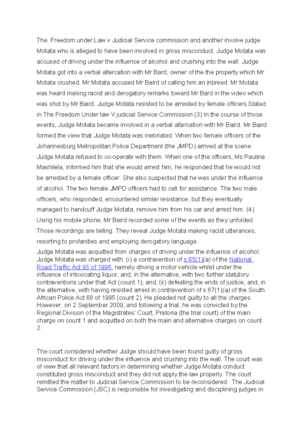 Motata V JSC - Case law - The Freedom under Law v Judicial Service ...