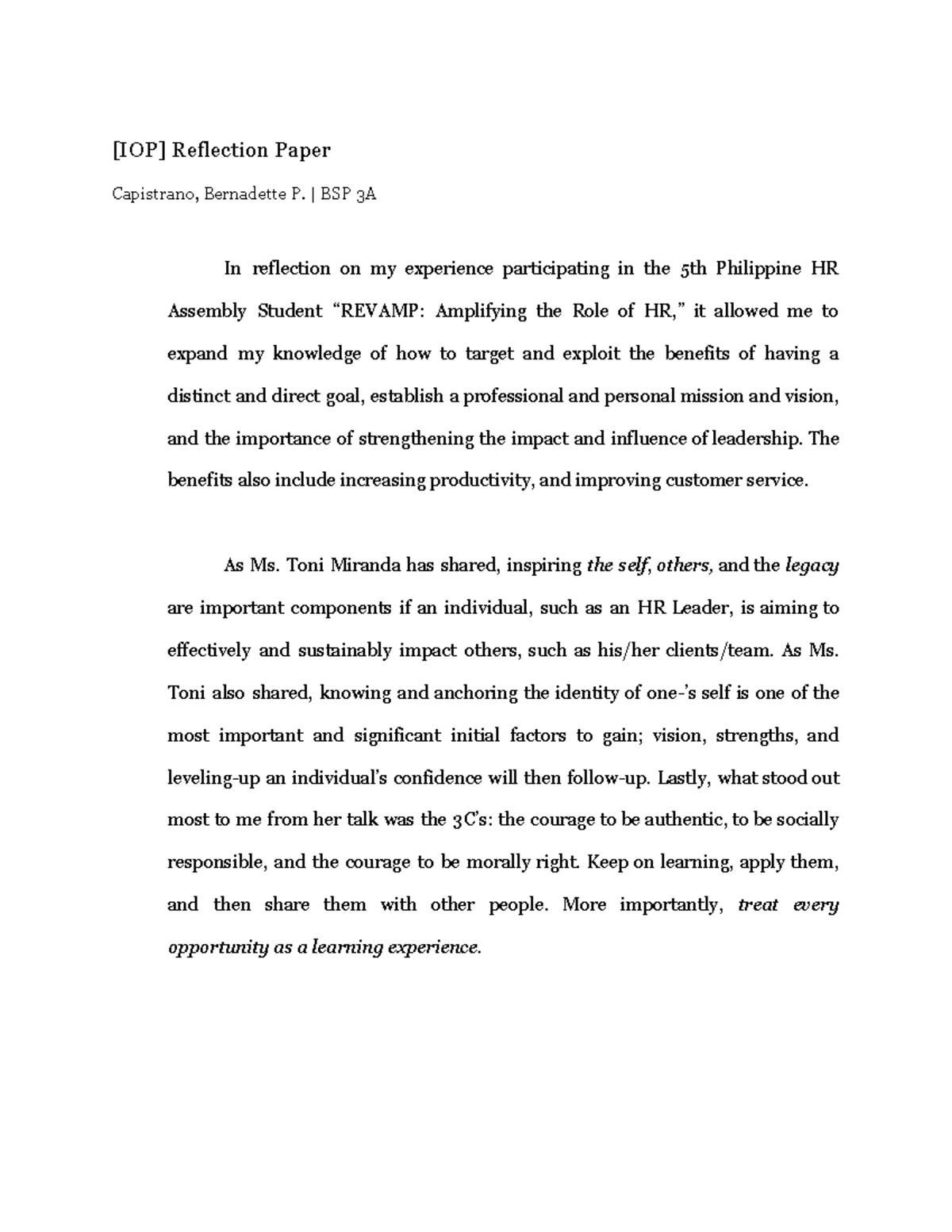 [IOP] Reflection Paper - [IOP] Reflection Paper Capistrano, Bernadette ...