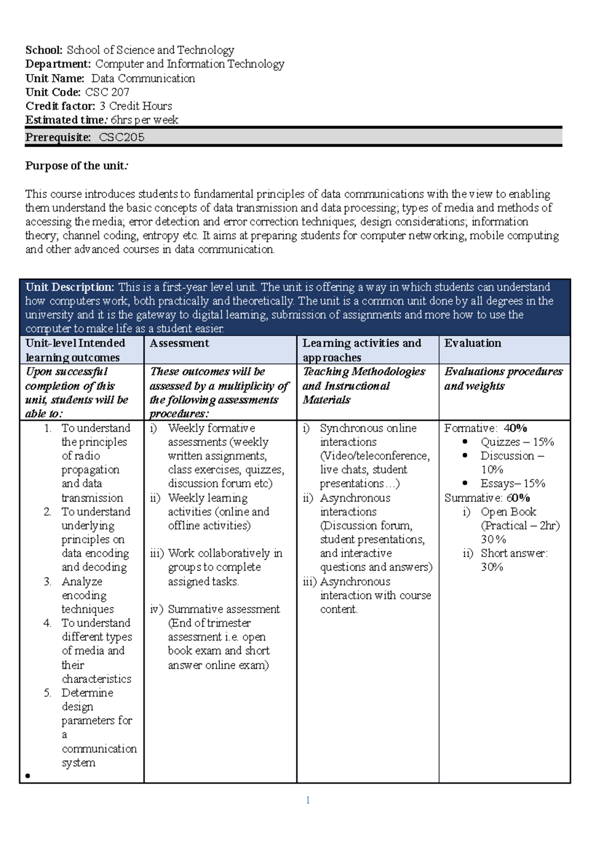 CSC 207 Data Communications - School: School of Science and Technology ...